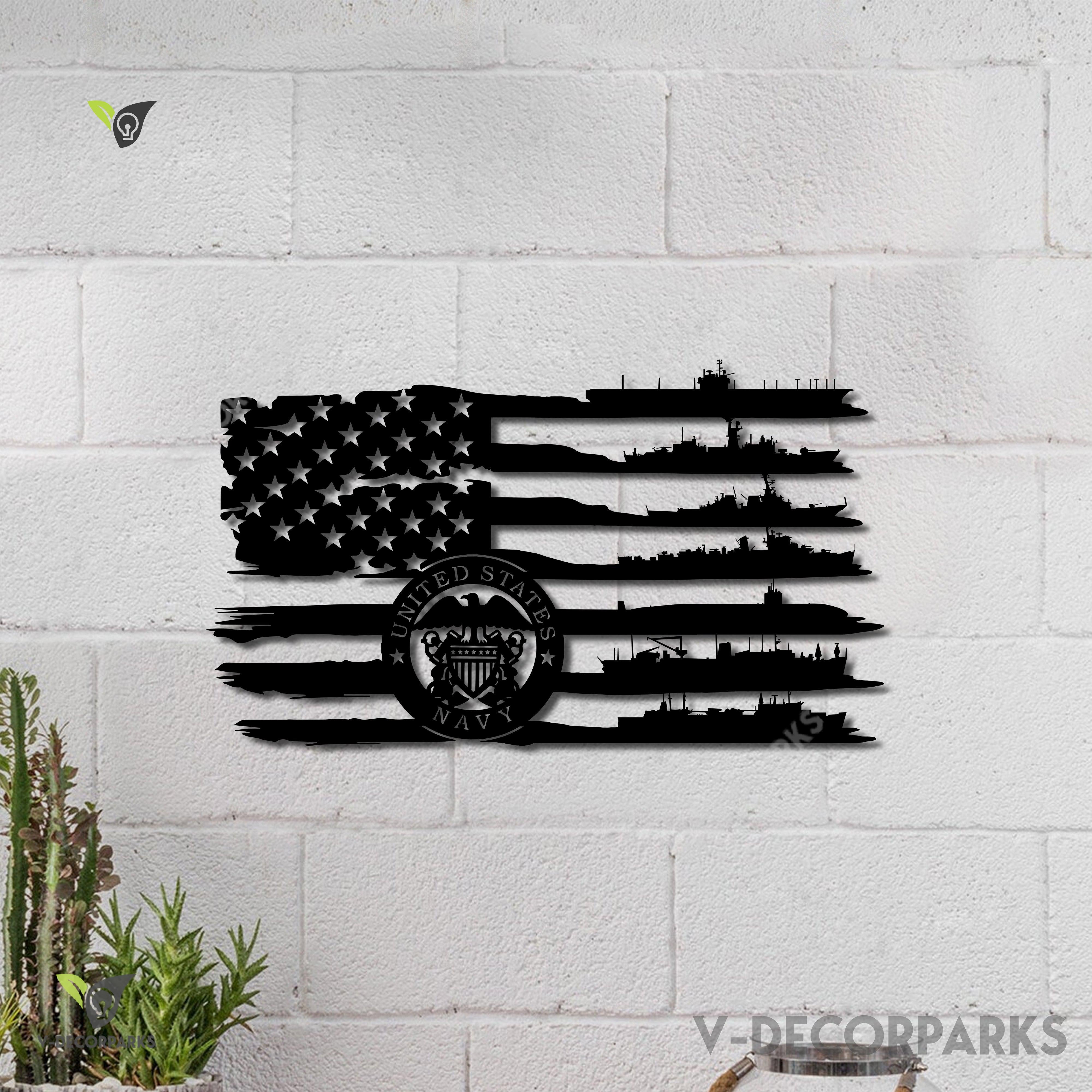 Us Flag Navy Ships Metal Wall Art, Navy Ships American Flag Metal Sign ...