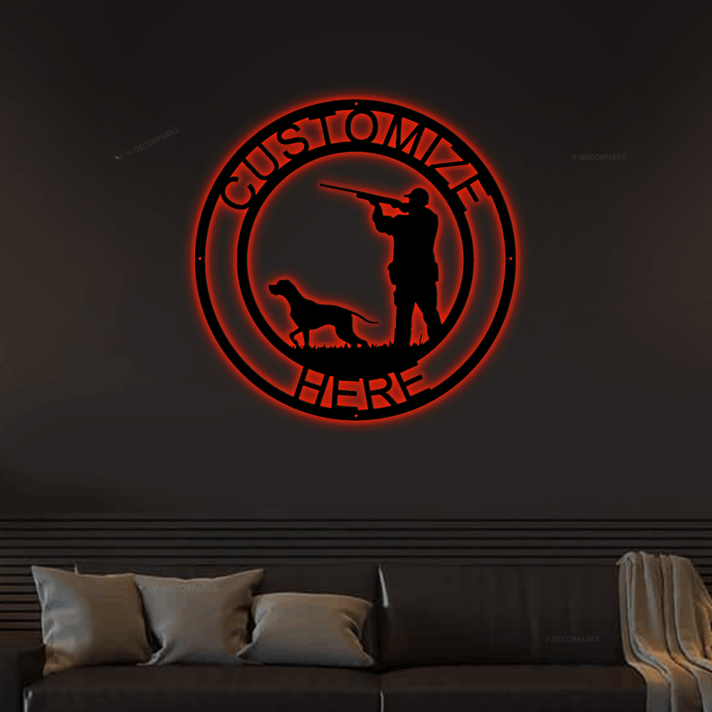 Metal Hunter And Dog Sign With Led Lights, Metal Hunting Decoration ...
