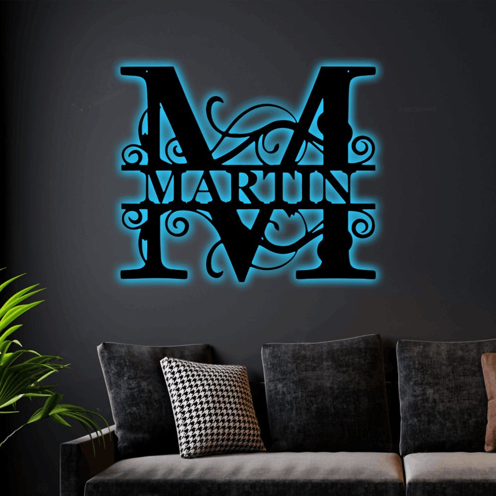 Monogram Sign With Led Lights, Split Letter Monogram, Custom Name Sign ...