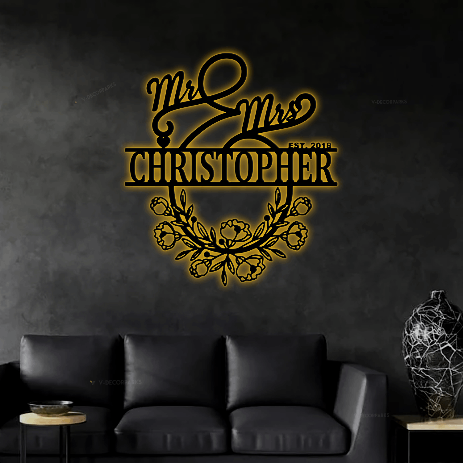 Mr And Mrs Customize Metal Sign With Led Lights, Family Name Sign Metal ...