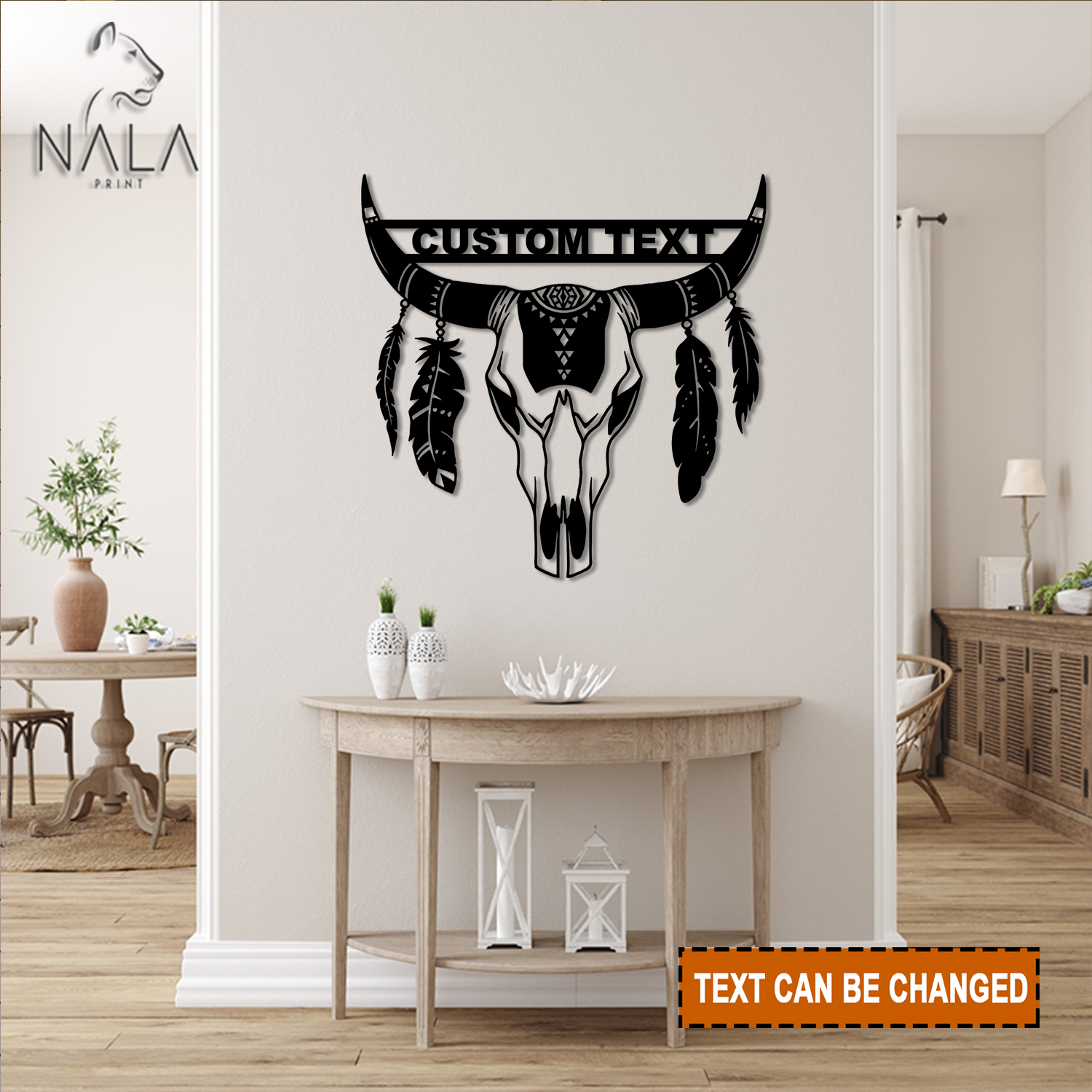 Personalized Native American Bull Skull With Feathers Metal Artwork ...