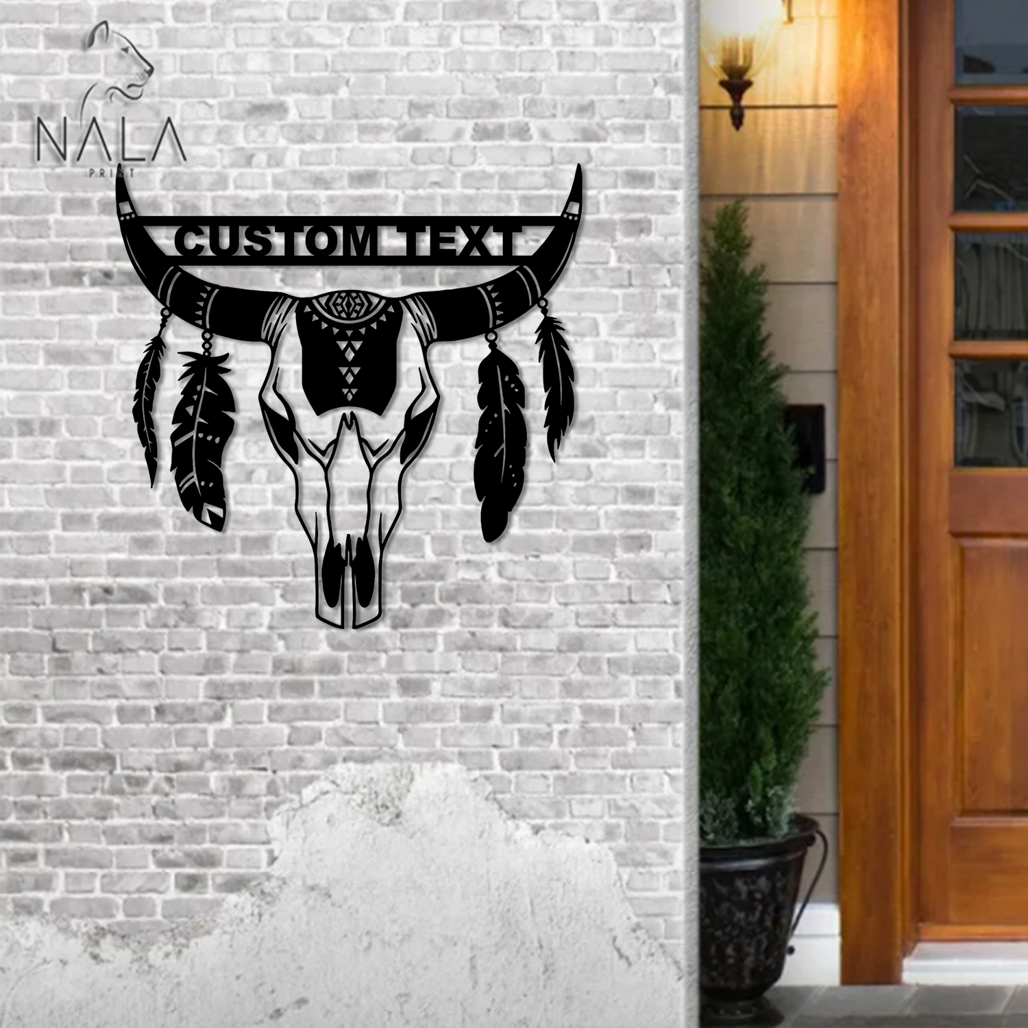 Personalized Native American Bull Skull With Feathers Metal Artwork ...