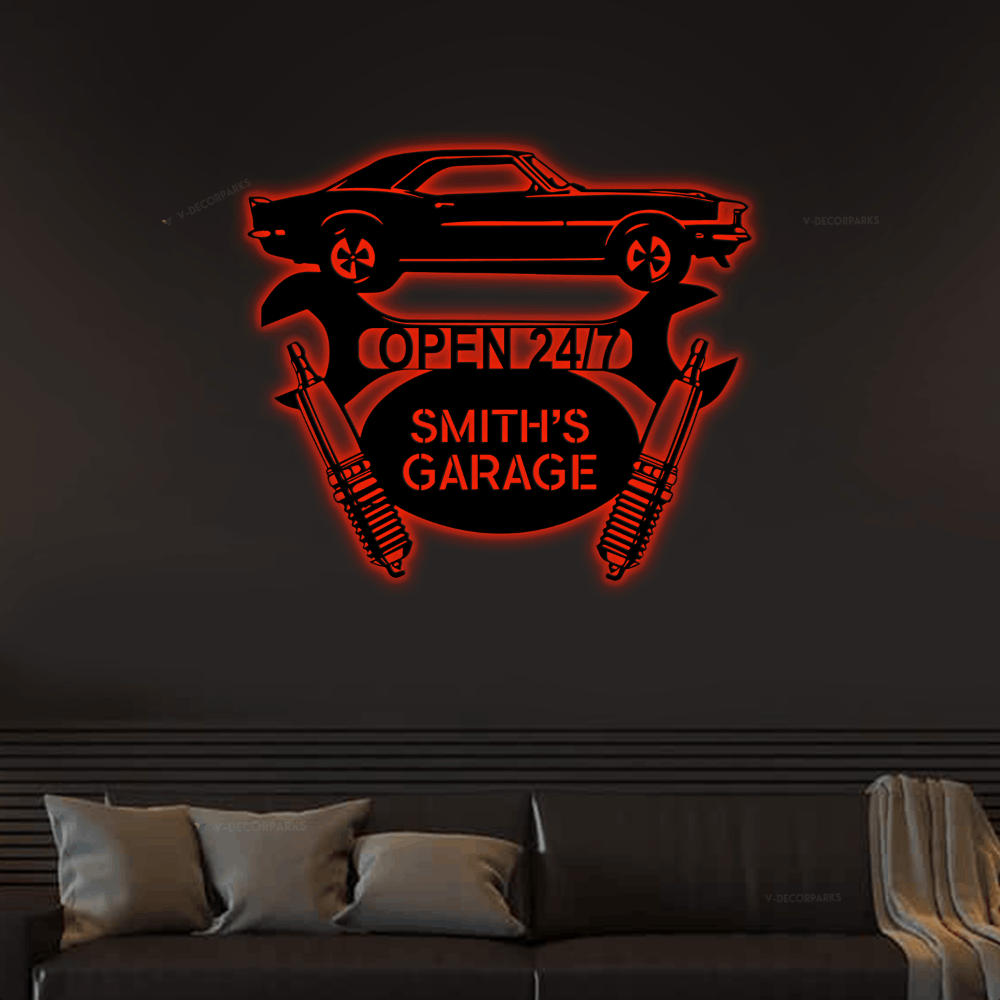 Personalize Car Sign Monogram Steel With Led Lights Sign Garage Owner ...