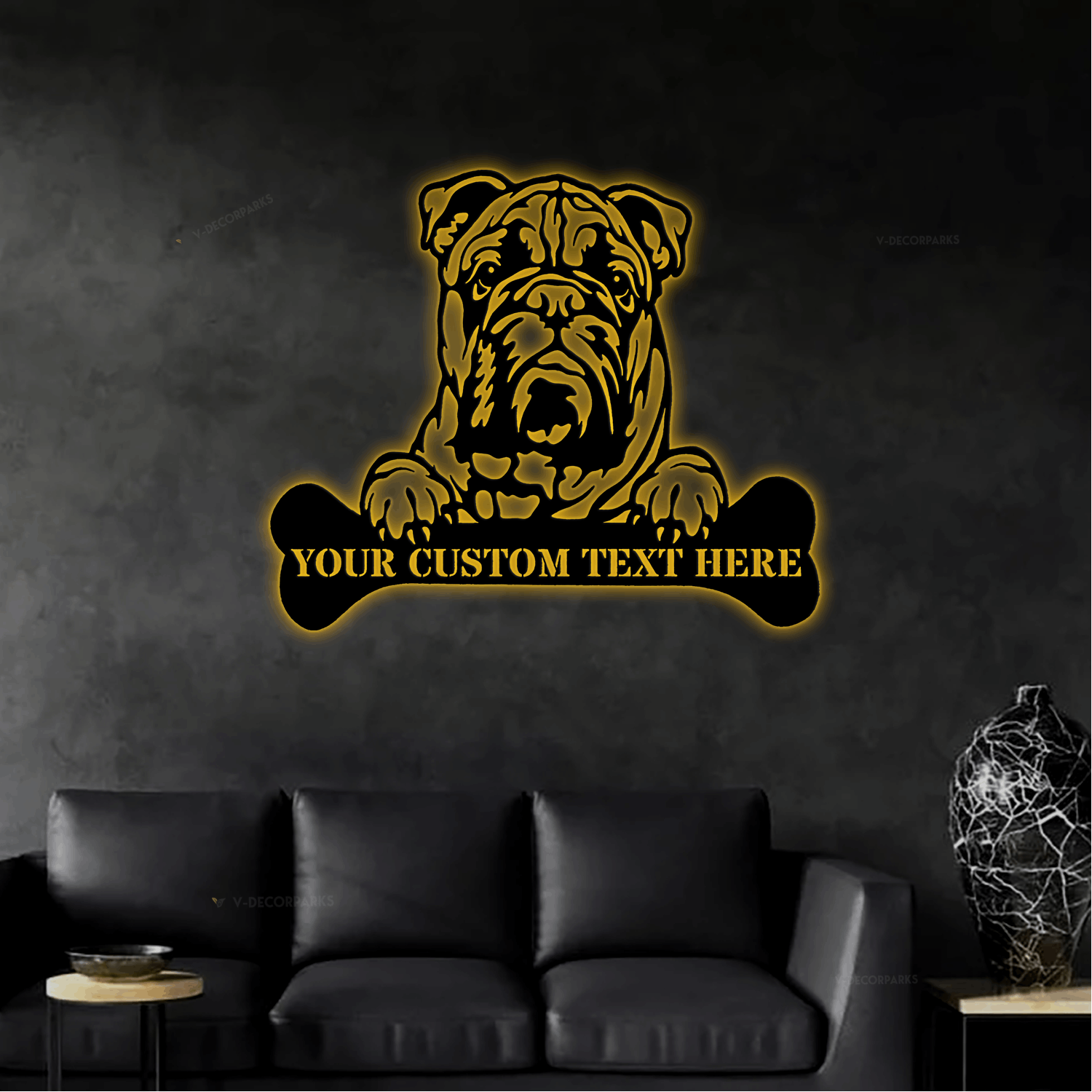 Personalized American Bulldog With Bone Metal Sign With Led Lights ...