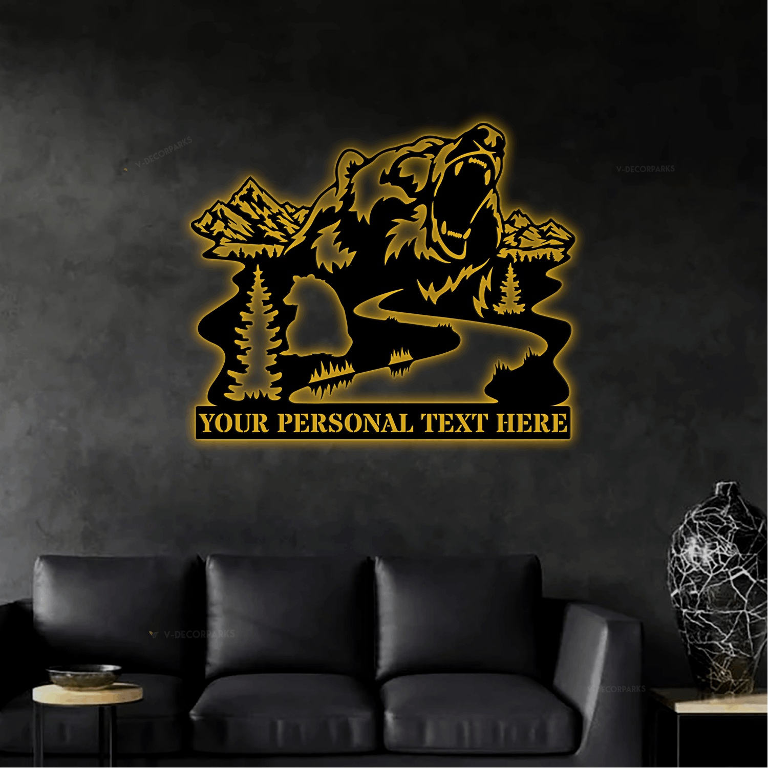 Personalized Bear Roaring At The Mountain River Metal Sign With Led ...