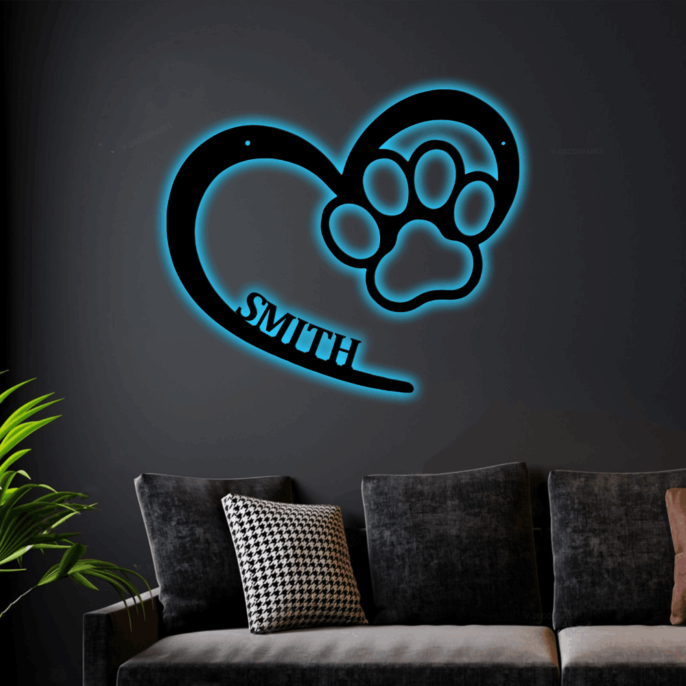 Personalized Dog Paw With Led Lights Sign Puppy Love Name Monogram Sign ...