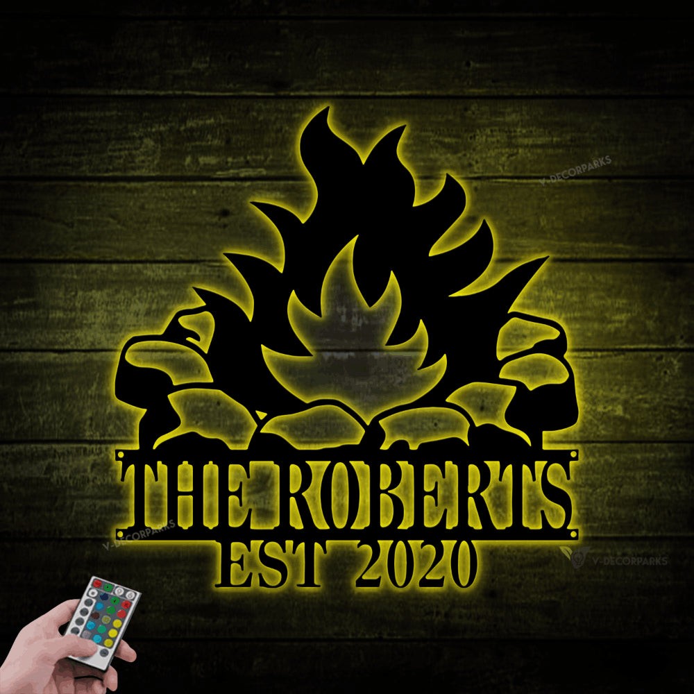 Personalized Fire Pit Metal Sign With Led Lights, Custom Camping Family ...