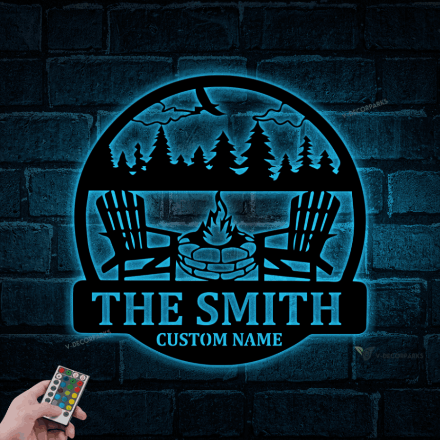 Personalized Fire Pit Metal Sign With Led Lights, Custom Camping Name ...