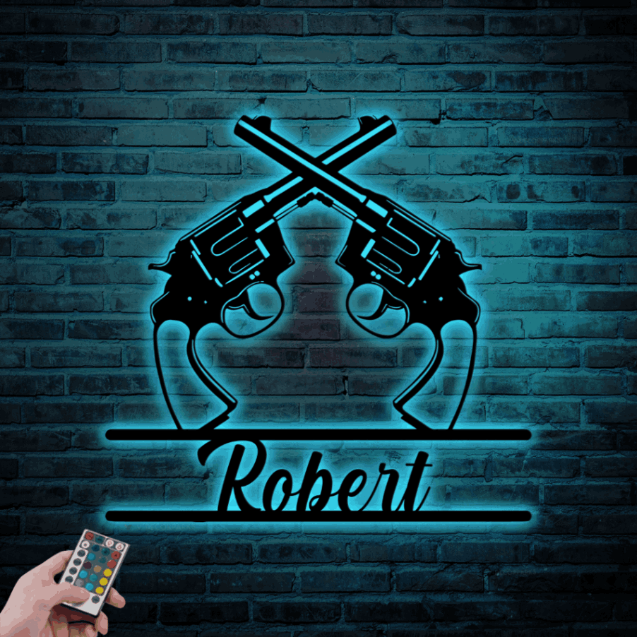 Personalized Handgun Metal Sign With Led Lights, Metal Gun Wall Art Gun ...