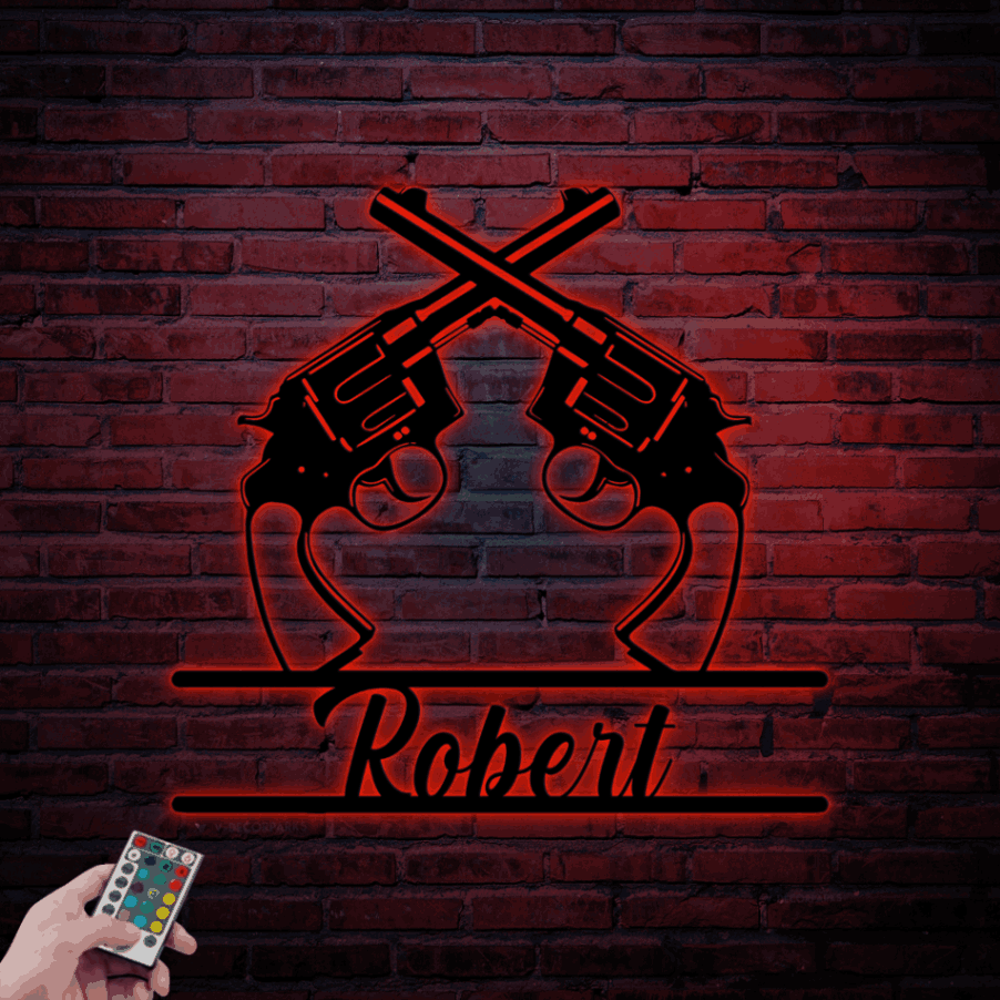 Personalized Handgun Metal Sign With Led Lights, Metal Gun Wall Art Gun ...