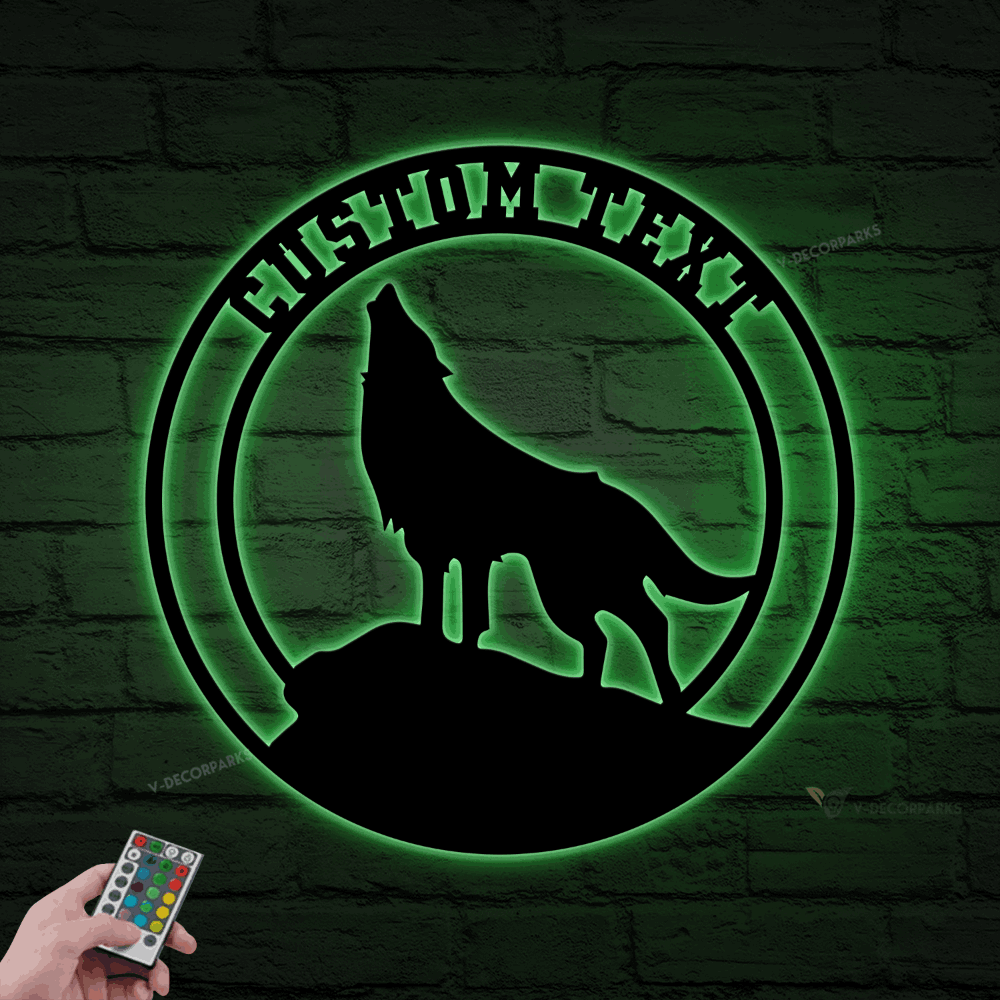 Personalized Howling Wolf Metal Wall With Led Lights, Custom Name Wolf ...