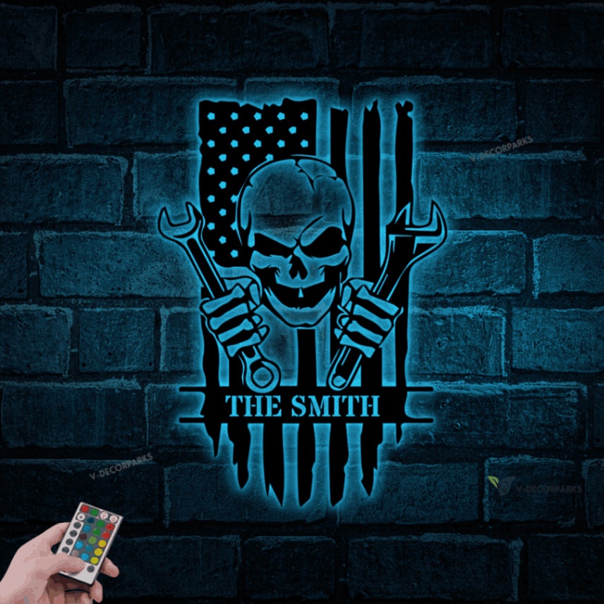 Personalized Mechanic Skull Metal Sign With Led Lights, Custom Mechanic ...
