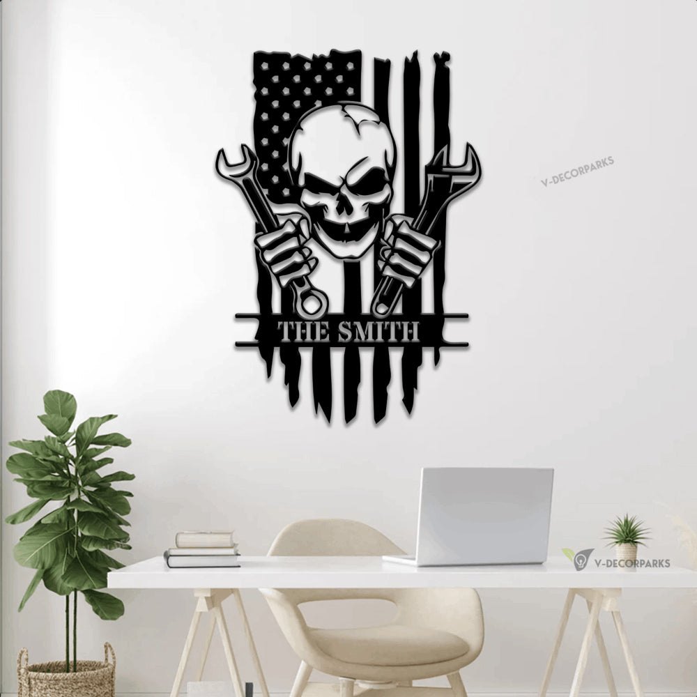 Personalized Mechanic Skull Metal Sign With Led Lights, Custom Mechanic ...