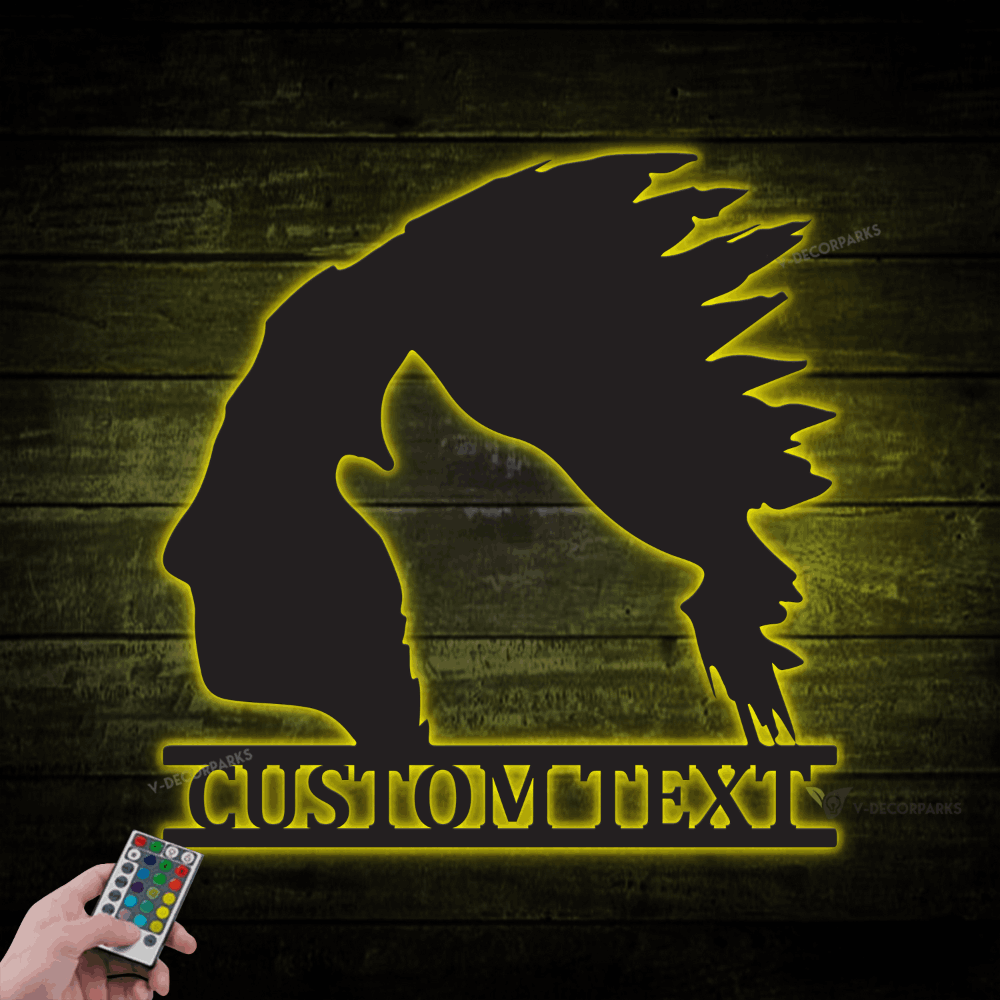 Personalized Native American With Wolf Metal Wall With Led Lights, Wolf ...