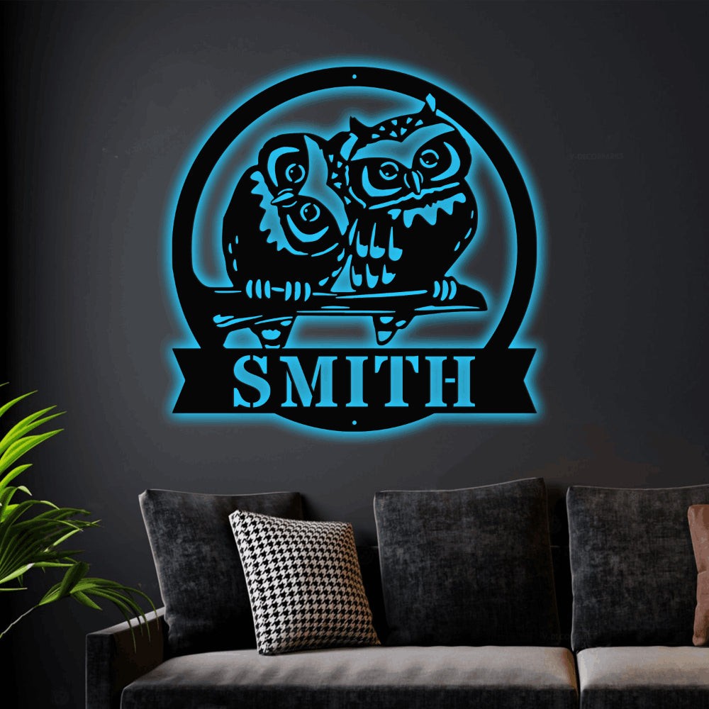 Personalized Owl Metal Sign With Led Lights, Owl Monogram Wall Art ...
