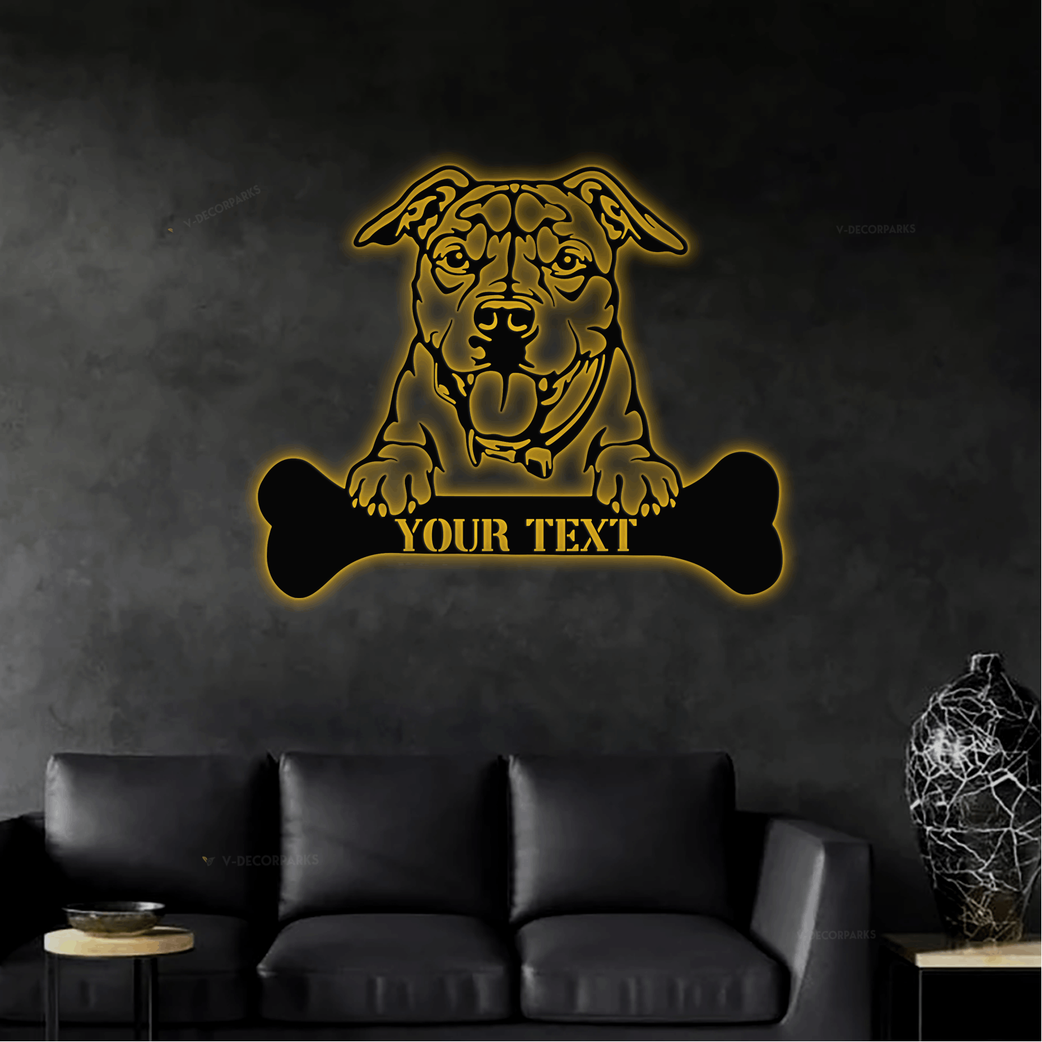 Personalized Pit Bull Terrier With Bone Name Led Lights Metal Sign ...