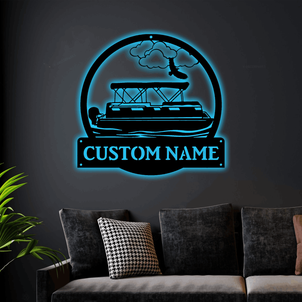 Personalized Pontoon Boat Metal Sign Art With Led Lights, Custom Pontoon Boat Monogram Metal ...