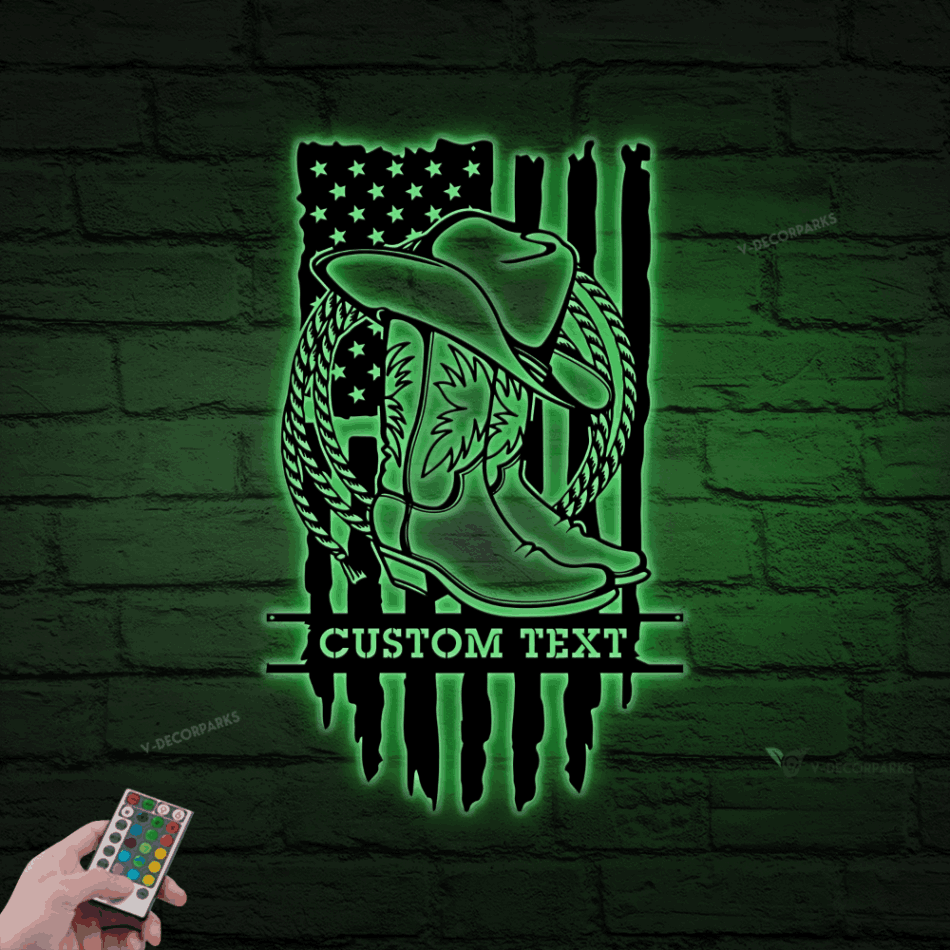 Personalized Us Flag Cowboy Boots & Hat Metal Sign With Led Lights ...
