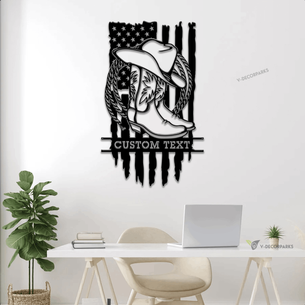 Personalized Us Flag Cowboy Boots & Hat Metal Sign With Led Lights ...