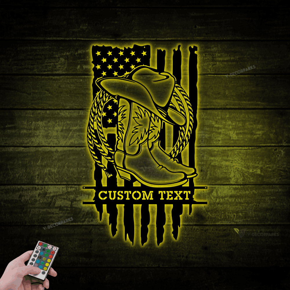 Personalized Us Flag Cowboy Boots & Hat Metal Sign With Led Lights ...