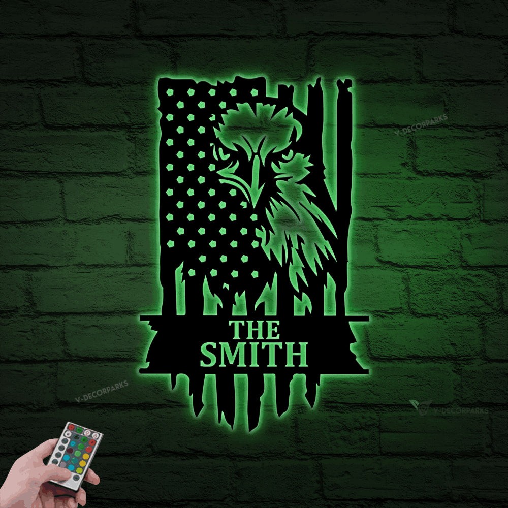 Personalized Us Flag Eagle Metal Sign With Led Lights, Custom Last Name ...