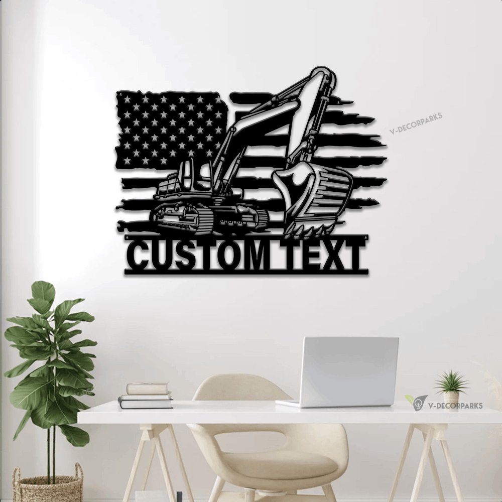 Personalized Us Flag Excavator Metal Wall Led Lights, Man Cave Decor ...