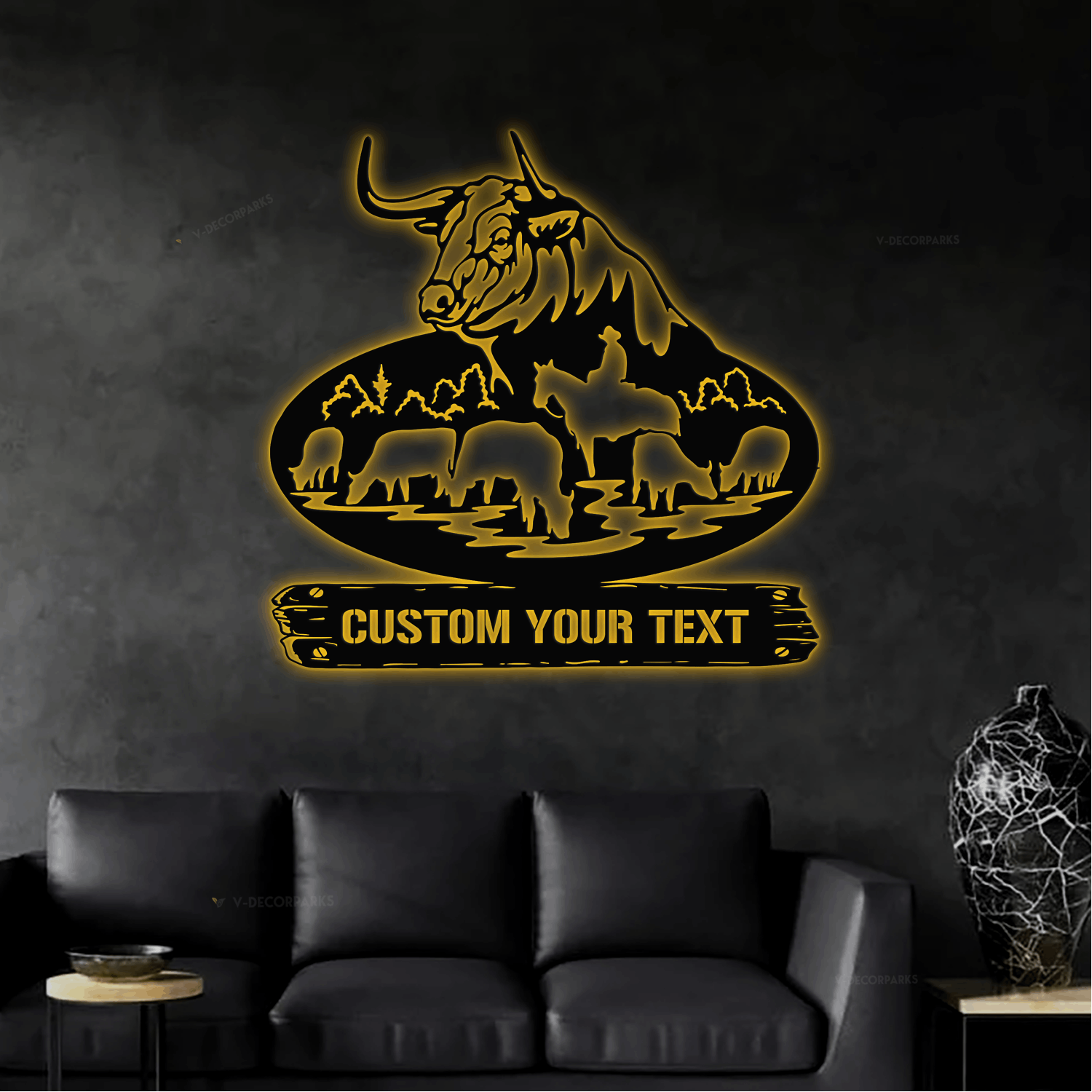 Personalized Wildlife Bulls And Horse Rider In Nature Led Lights Metal ...