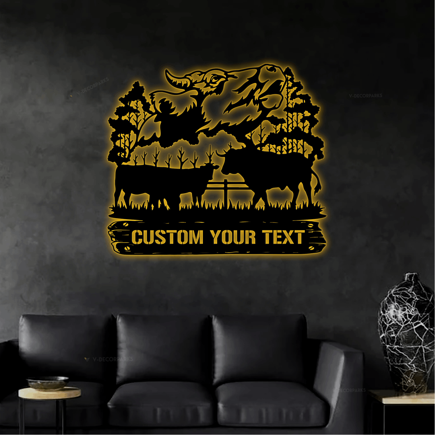 Personalized Wildlife Bulls At Ranch Nature Metal Sign With Led Lights ...