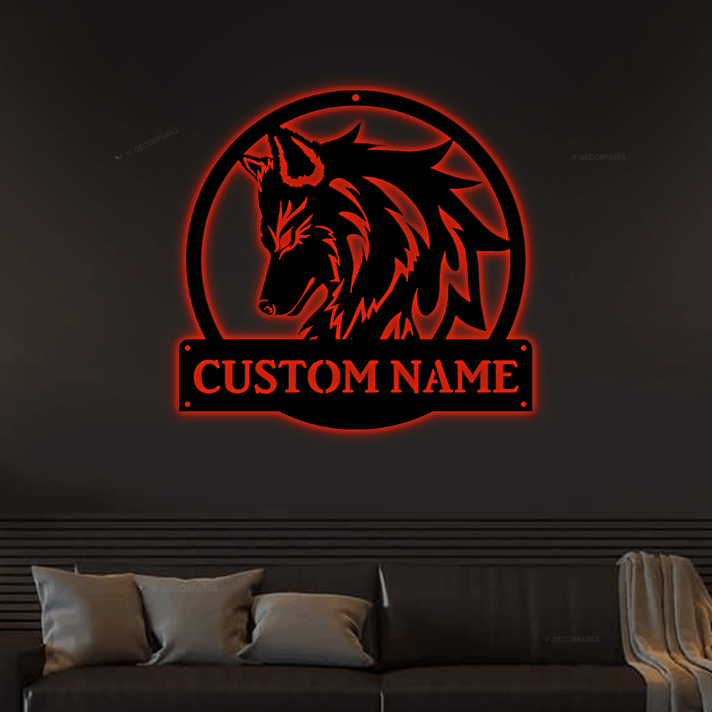 Personalized Wolf Monogram Metal Sign Art With Led Lights, Custom Wolf ...