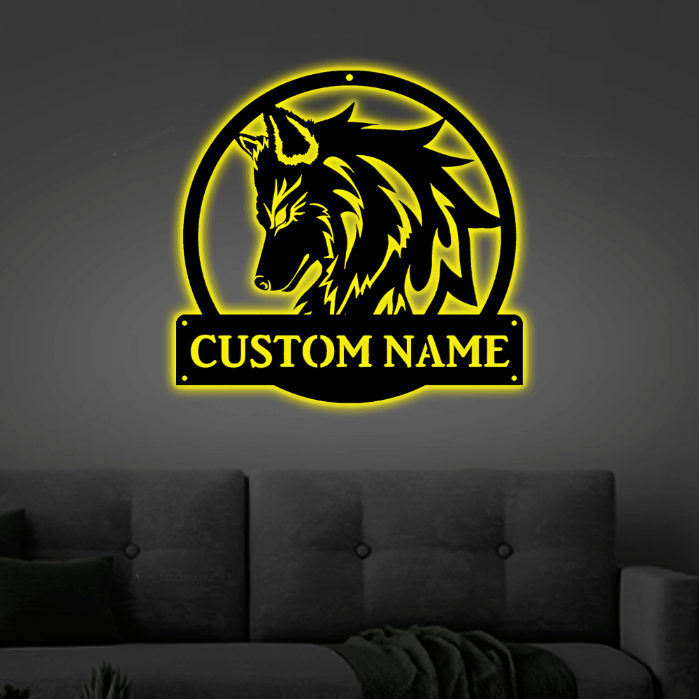 Personalized Wolf Monogram Metal Sign Art With Led Lights, Custom Wolf ...