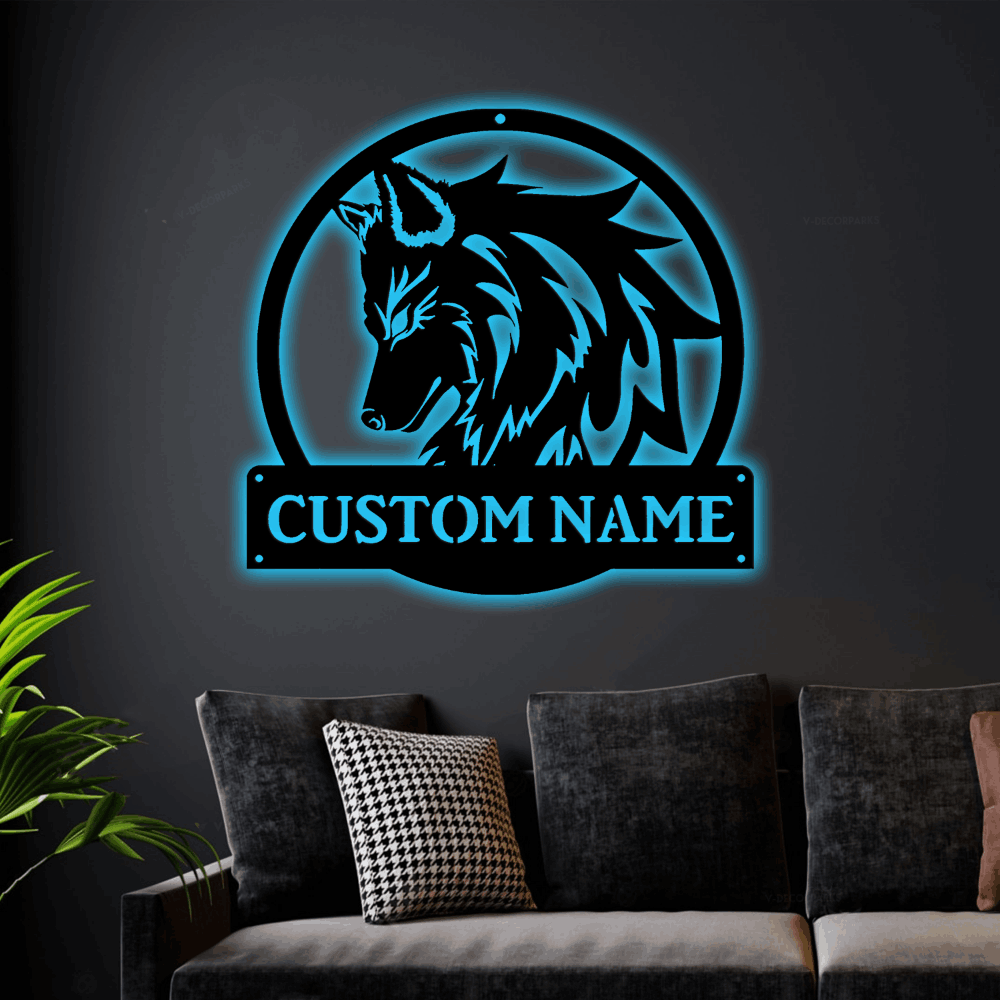 Personalized Wolf Monogram Metal Sign Art With Led Lights, Custom Wolf ...