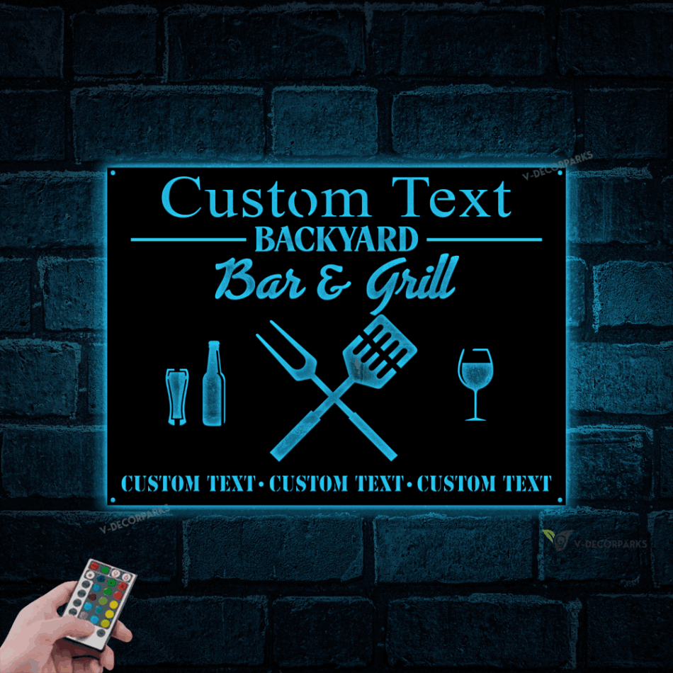 Personalized Backyard Bar & Grill Metal Wall With Led Lights, Beer Metal Wall Art, Bbq Outside ...