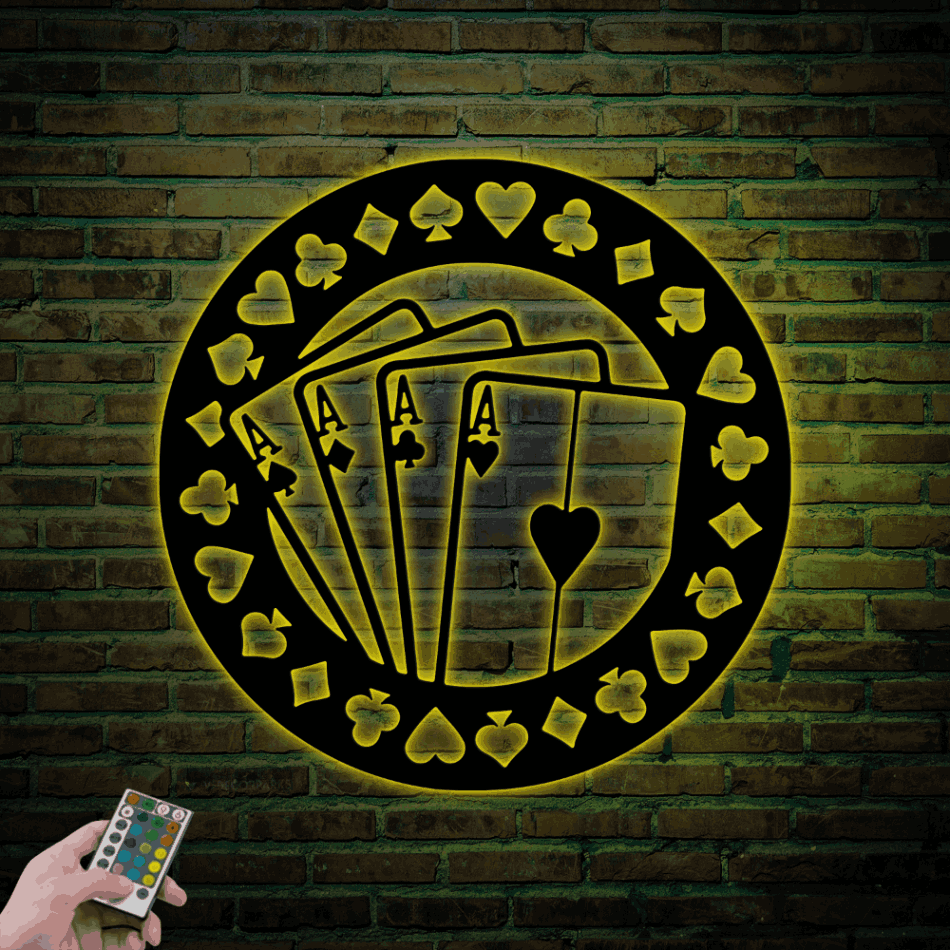 Poker Sign With Led Lights, Metal Poker Wall Art, Poker Cards Sign ...