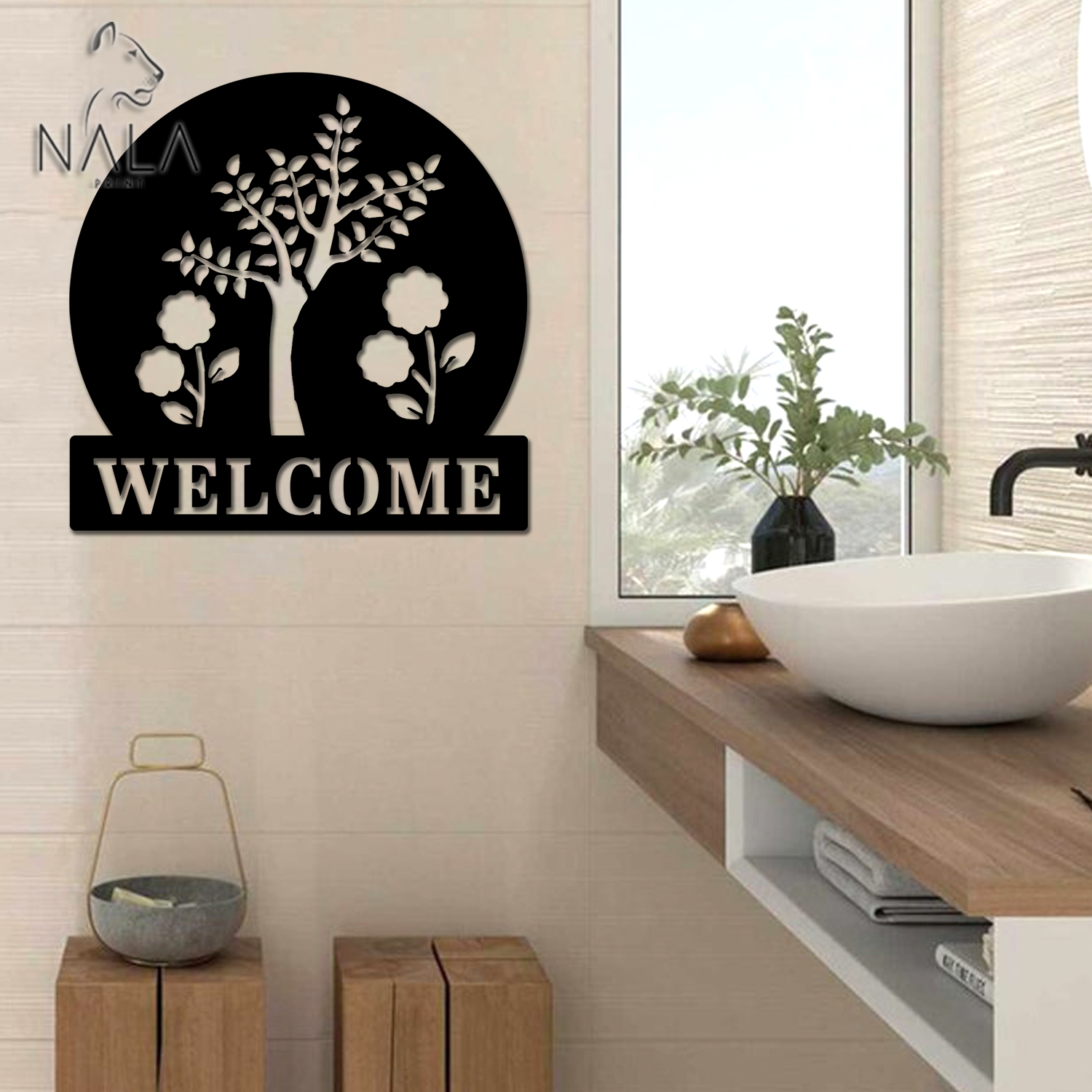 Tree And Flower Welcome Metal Wall Art, Tree Design Metal Sign, Floral ...