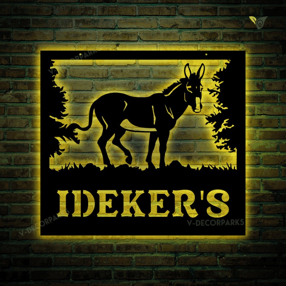 Personalized Metal Farm Sign, Donkey Monogram Metal Art With Led Lights ...