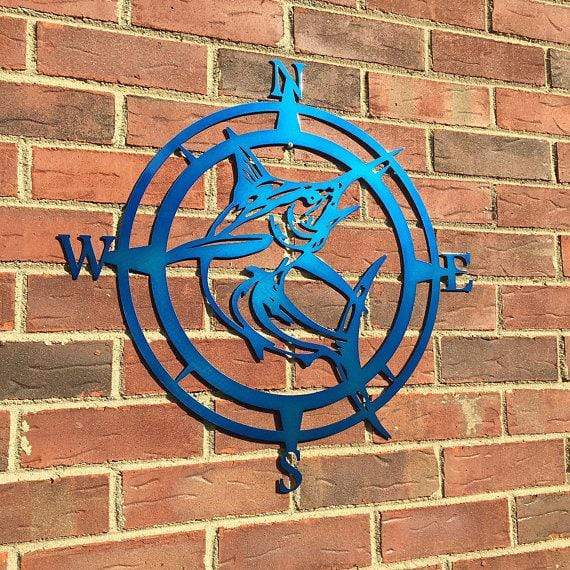 Marlin Nautical Compass Wall Art, Cut Metal Sign, Metal Wall Art, Metal ...
