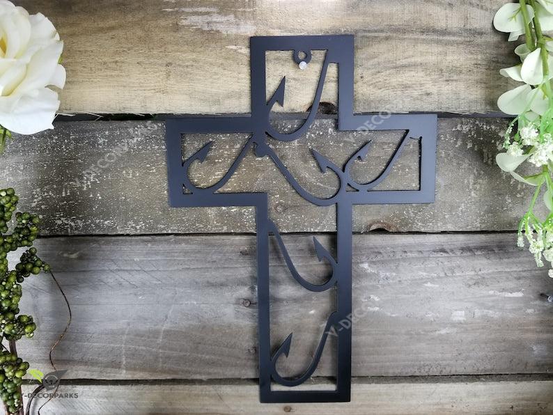 Fishing & Faith Metal Fishing Cross, Fishing Decor, Fishing Decor Cabin ...