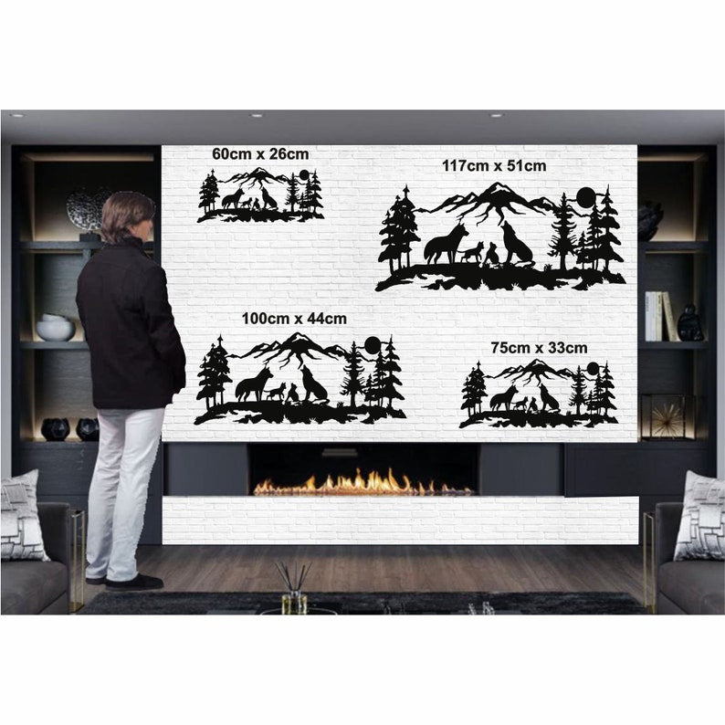 Metal Wall Art, Metal Wolf Decor, Tree Mountain Wolf Family Art, Home ...