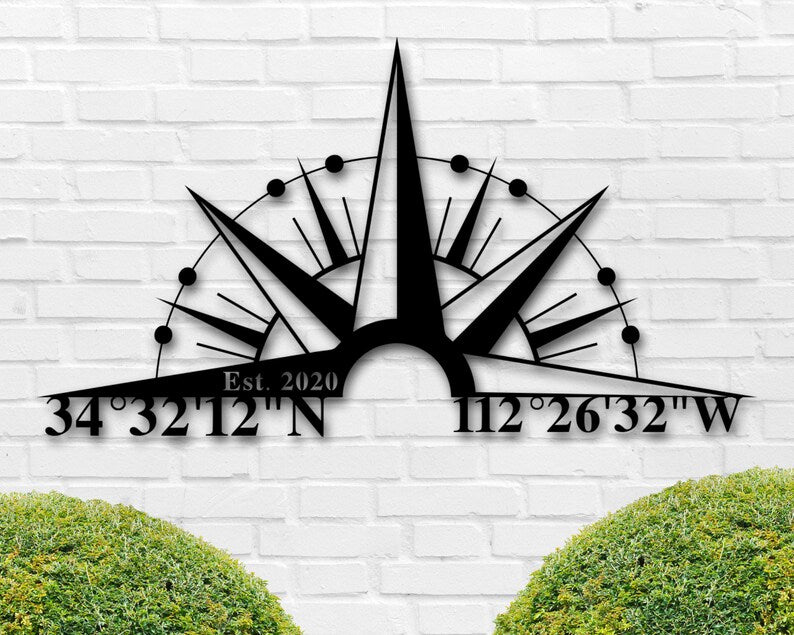 Gps Coordinates Sign, Nautical Compass, Metal Wall Art, Latitude ...