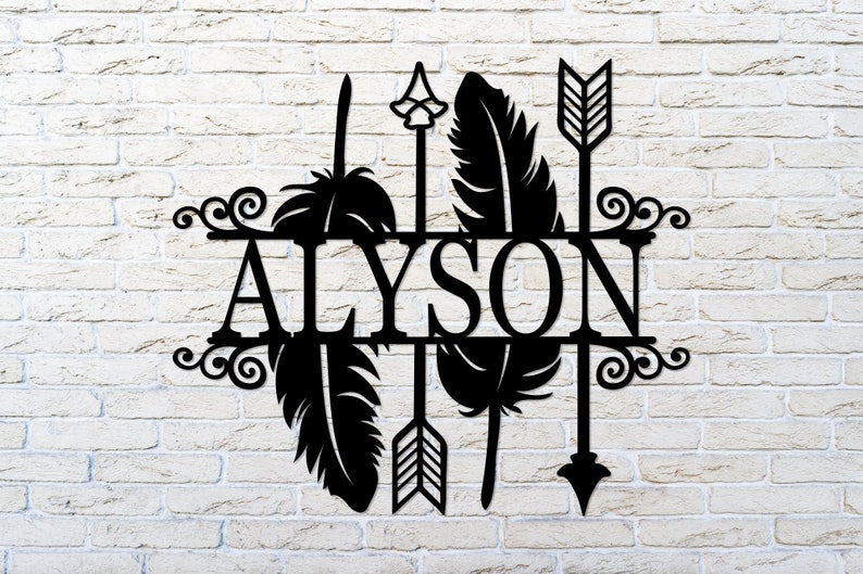 Personalized Arrow Feathers Metal Sign, Boho Arrow Split Monogram ...