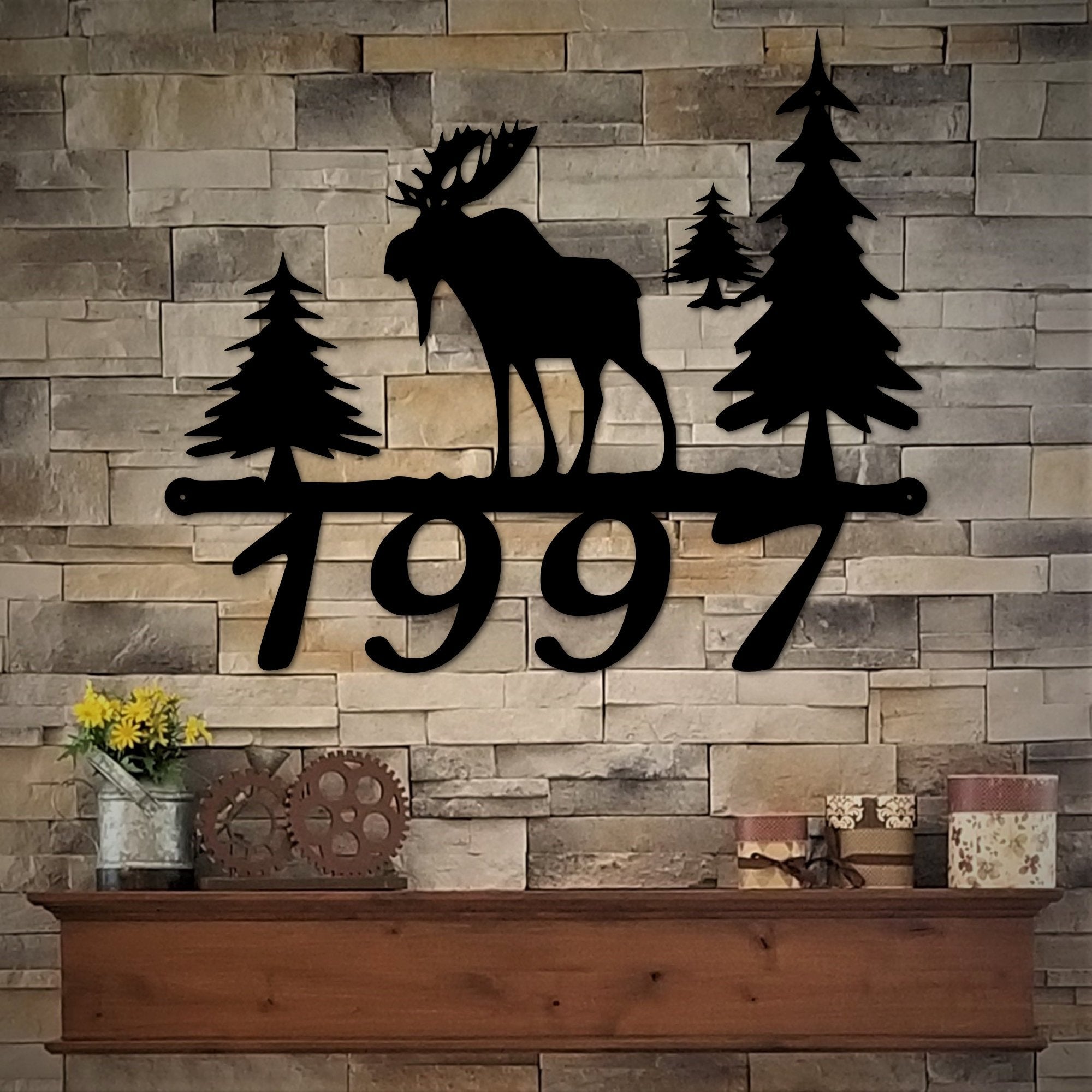 Wildlife Metal Address Marker With Moose And Pine Trees, Outdoor Metal ...