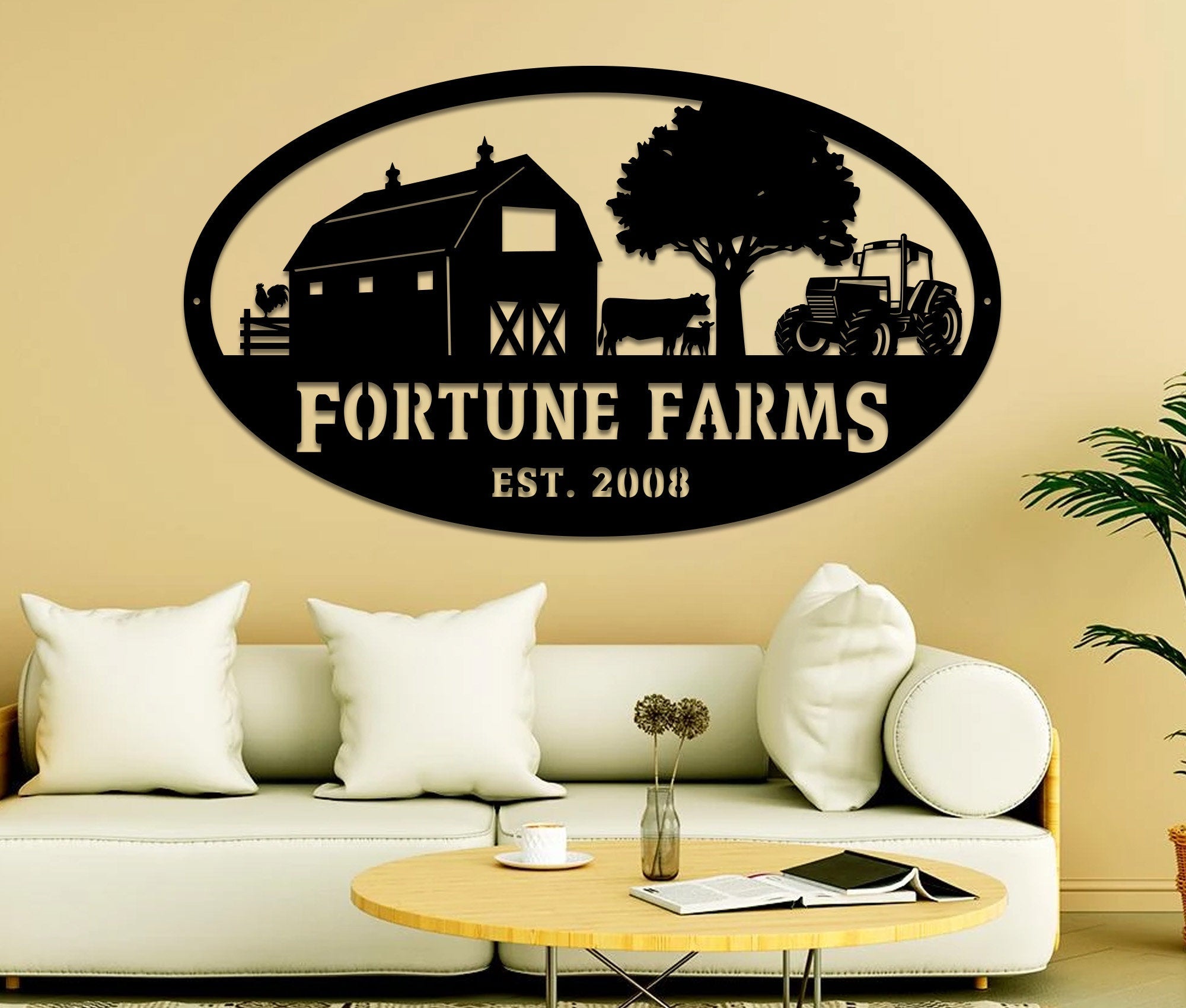 Personalized Farm Scene With Established Date Oval Metal Sign - Metal ...