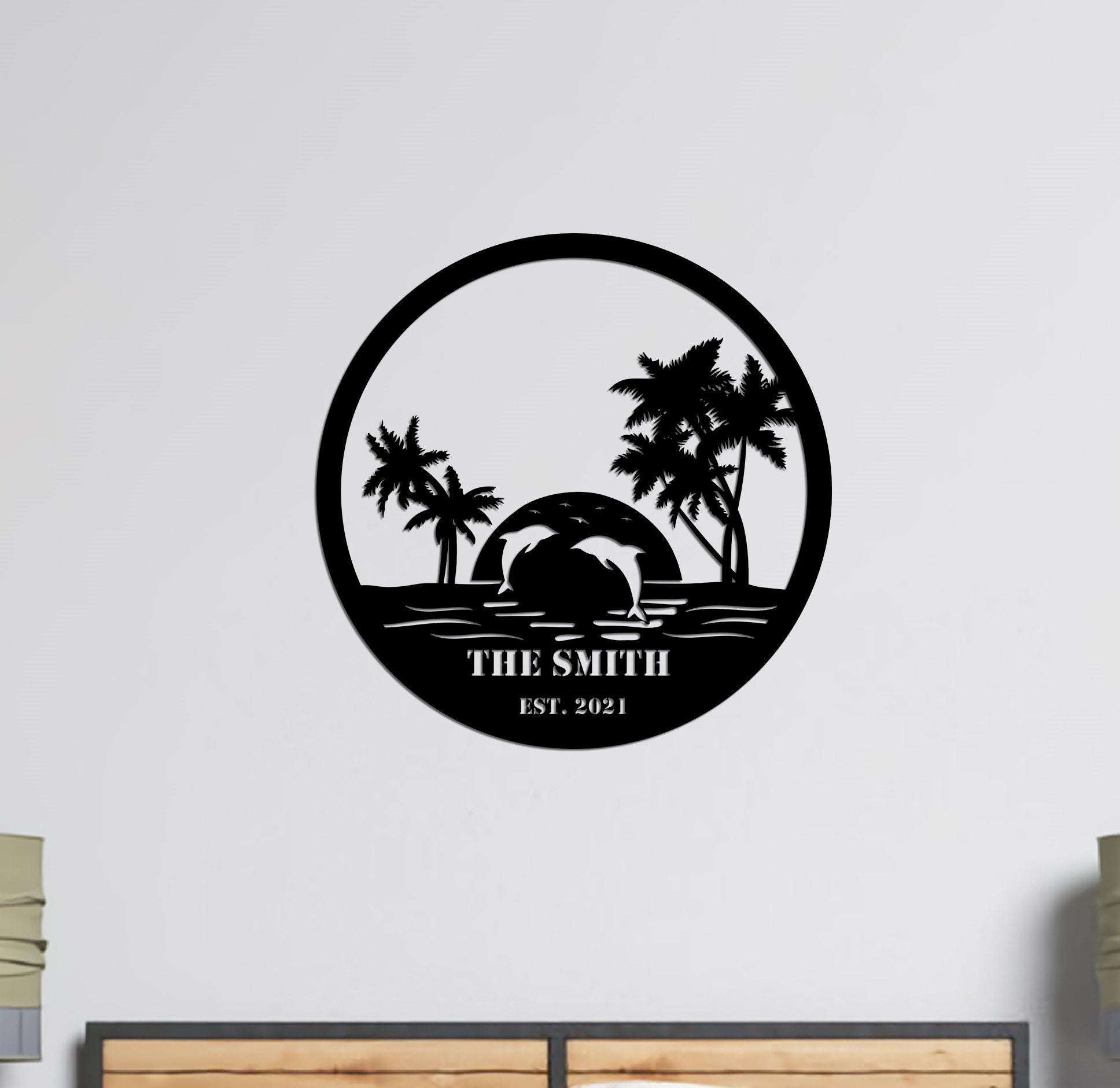 Family Beach And Dolphin Scene Metal Signs, Beach Palm Tree Paradise ...