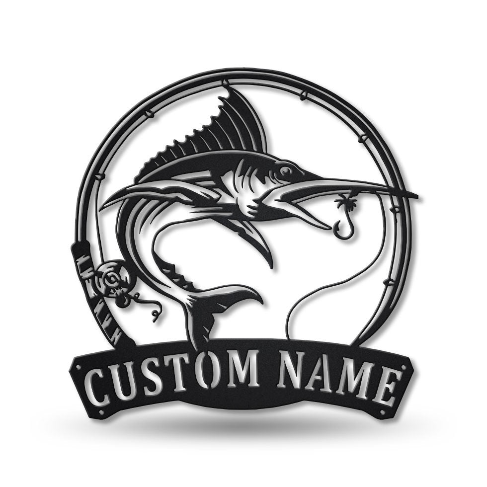 Personalized Marlin Fishing Fish Pole Metal Sign Art, Custom Marlin ...