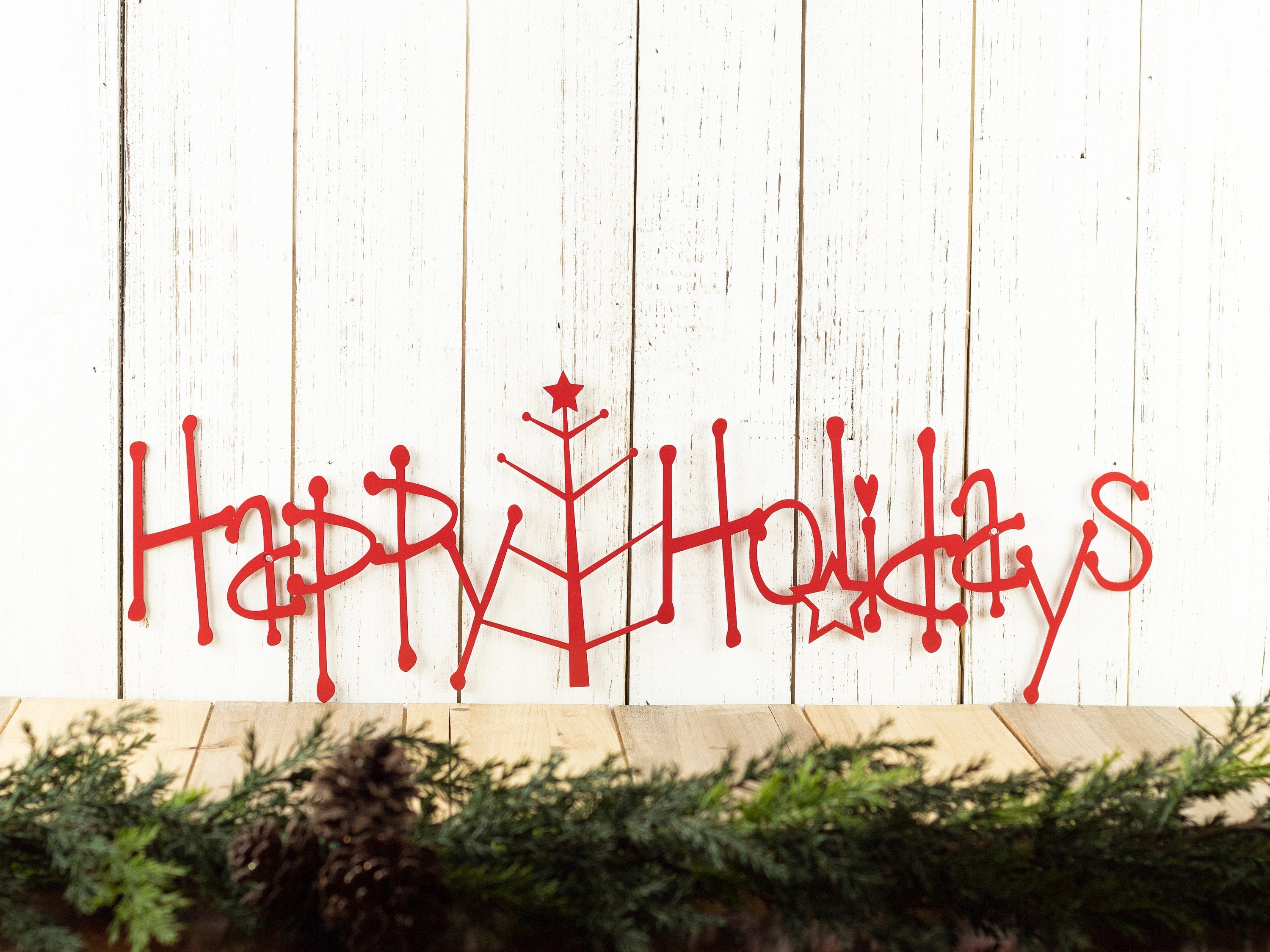 Happy Holidays Metal Sign With Christmas Tree - Red, Christmas Tree ...