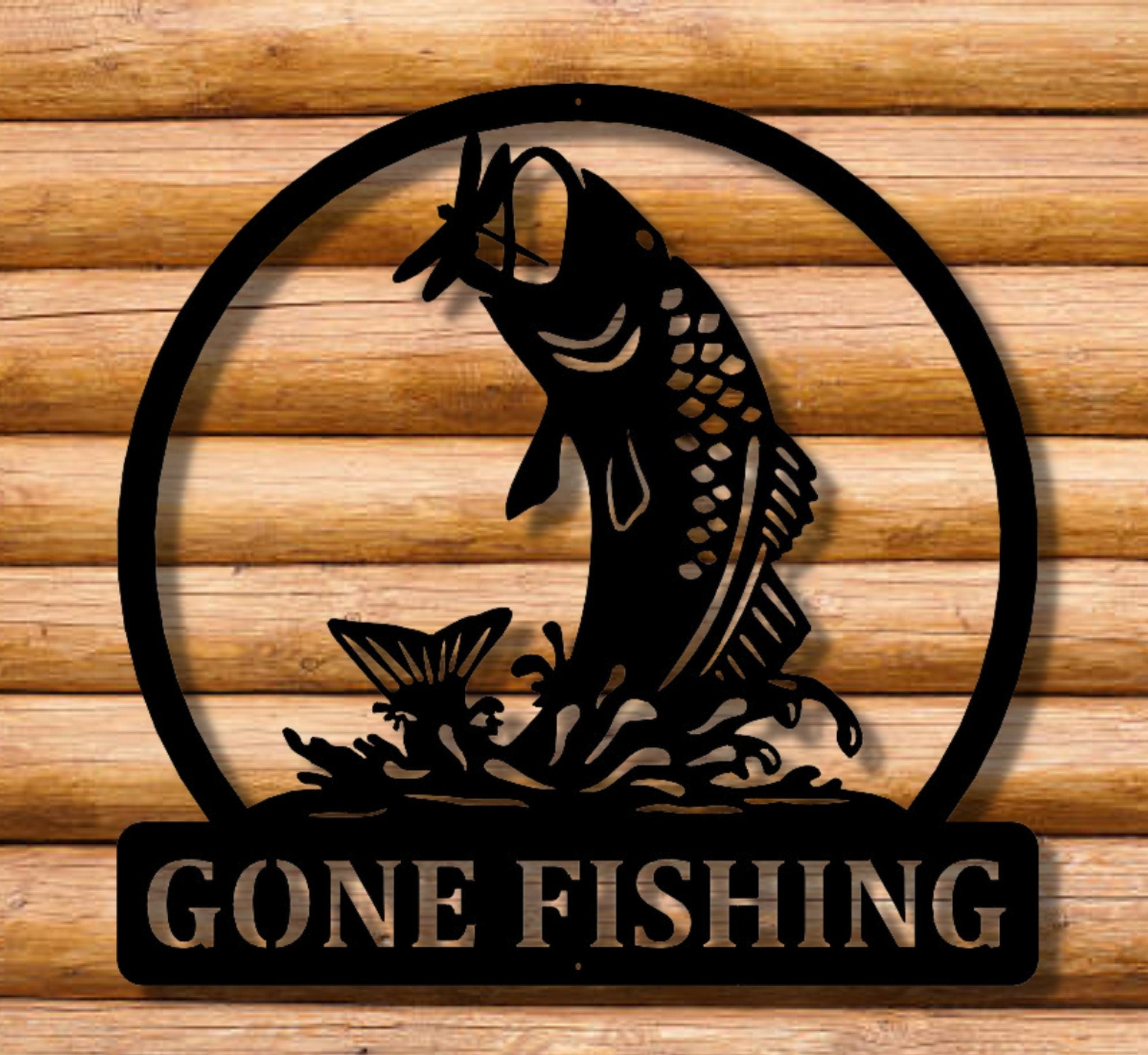 Gone Fishing Metal Sign Decor, Fishing Sign, Jumping Fish Wall Decor ...