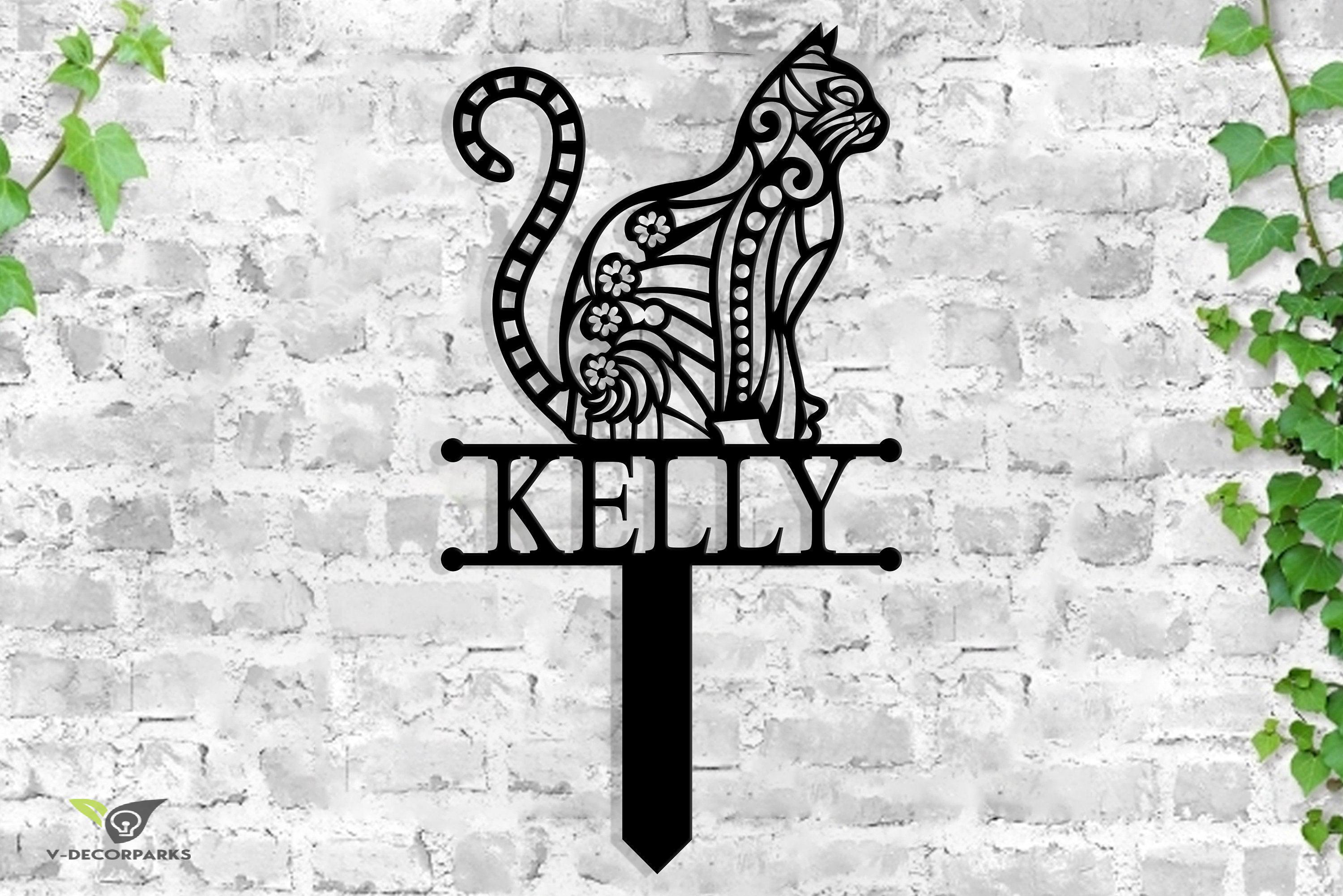 Custom Name Cat Metal Garden Stake, Cat Metal Sign, Cat Floral Art ...