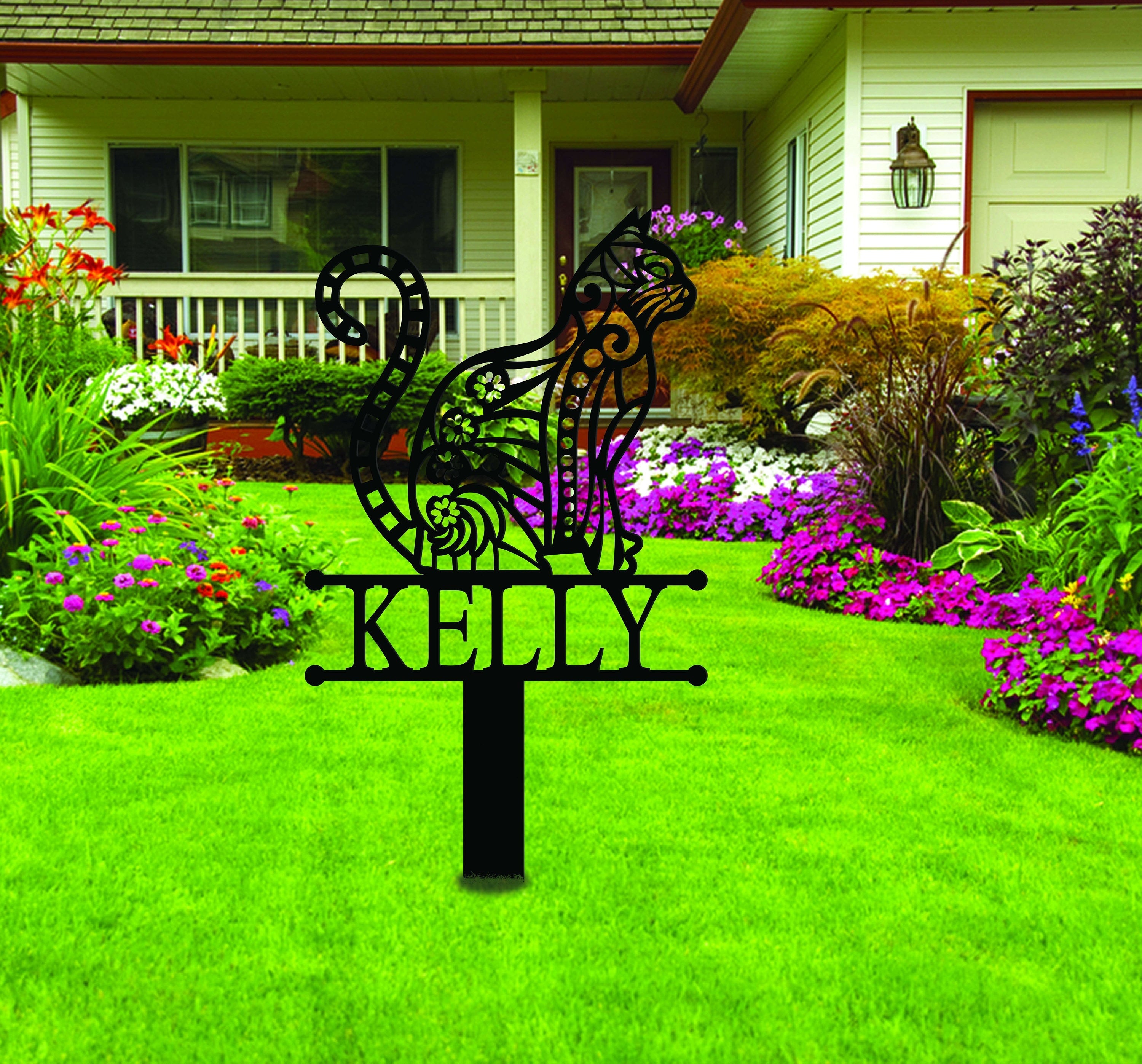 Custom Name Cat Metal Garden Stake, Cat Metal Sign, Cat Floral Art ...