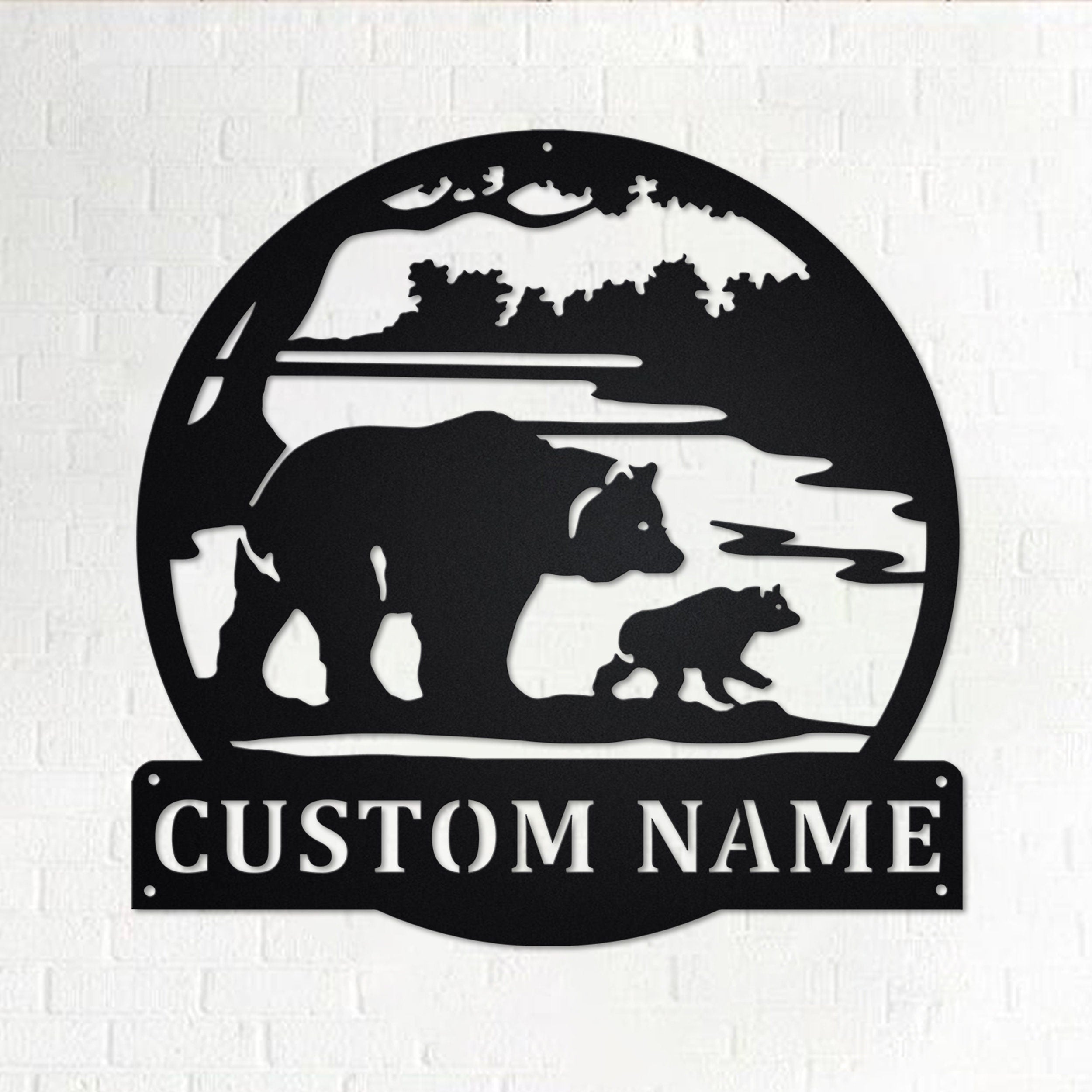 Custom Bear & Cub Scenic Metal Wall Art, Personalized Bear Name Sign ...