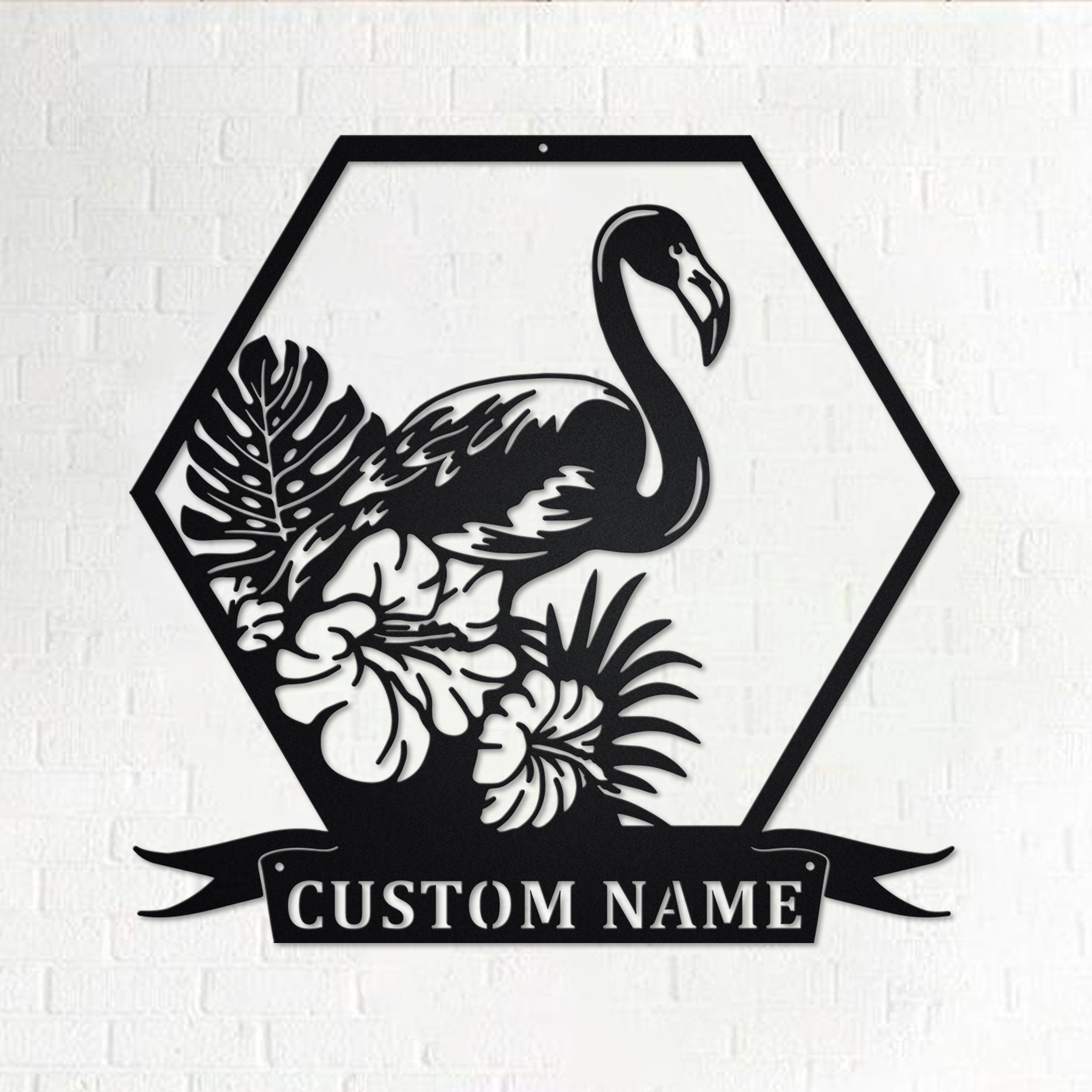 Custom Flamingo Tropical Flowers Metal Wall Art, Personalized Flamingo ...
